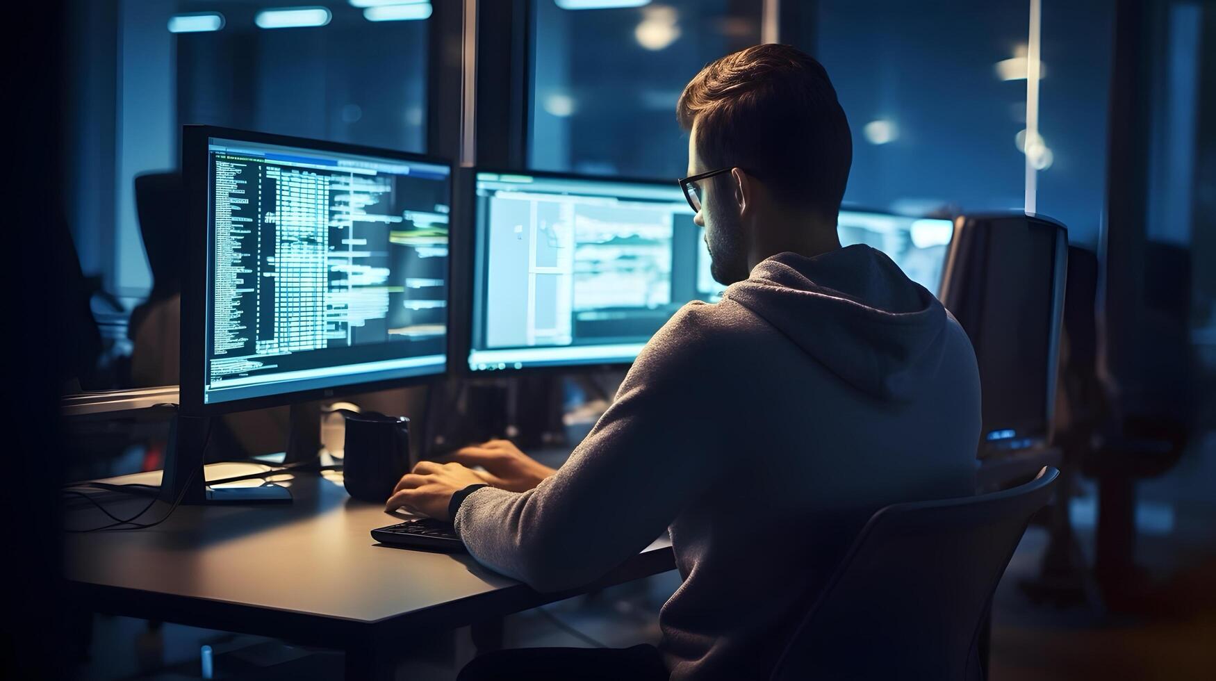 AI generated Tech Expert Engrossed in Programming on Dual Monitor Setup 35665582 Stock Photo at ...