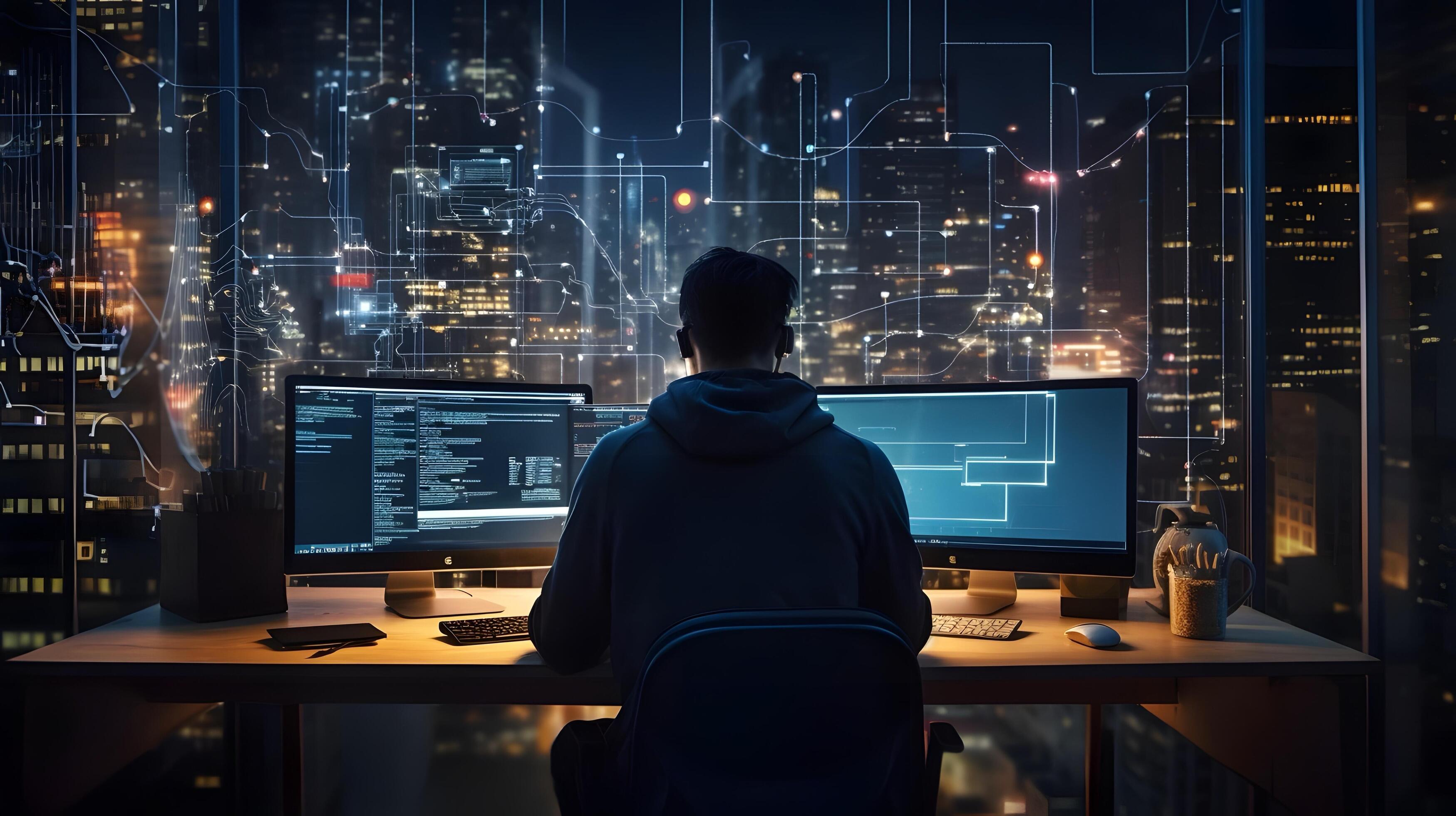 AI generated Creative Programmer with Cityscape Projection Coding at ...