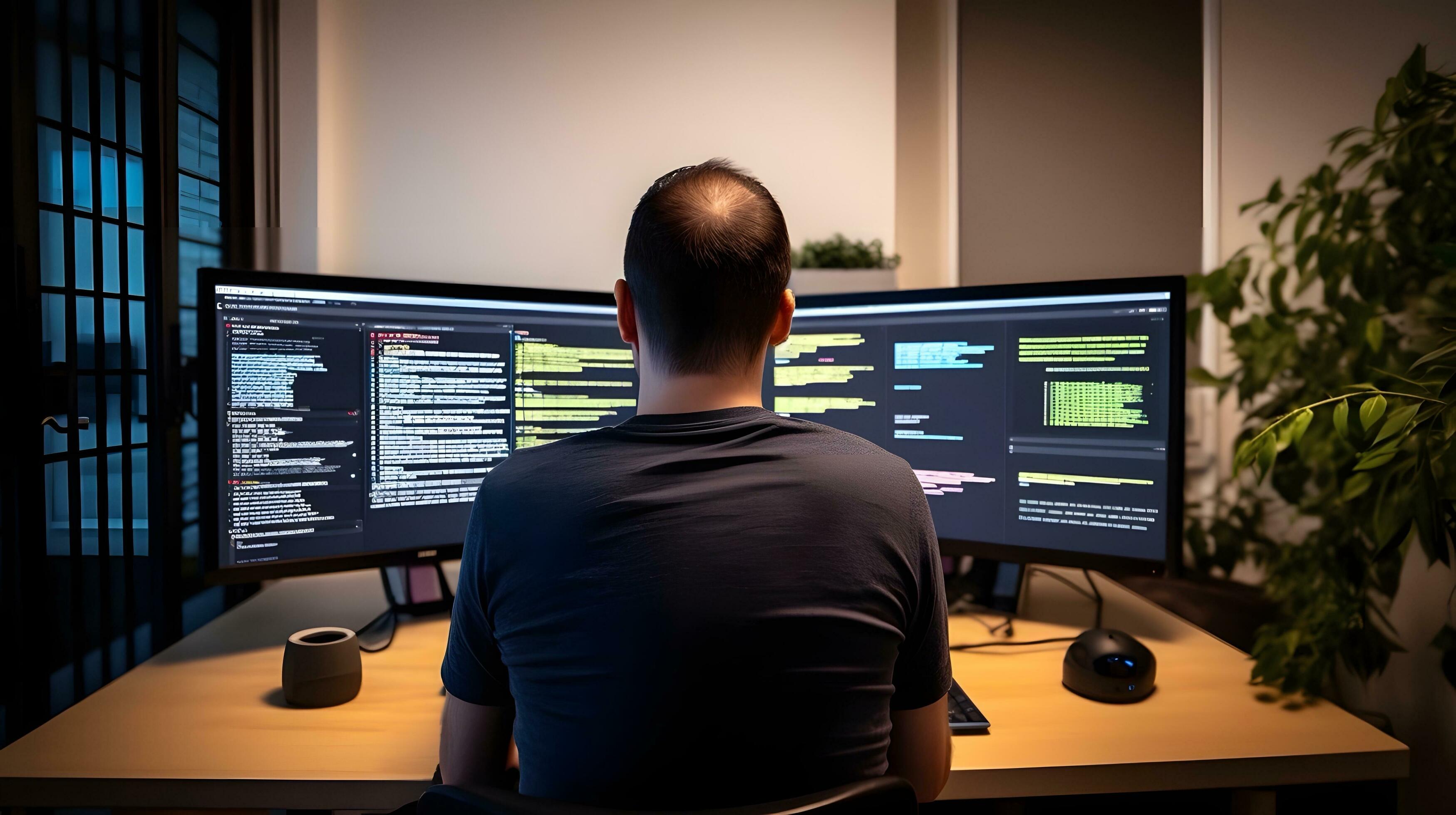 Ai Generated Software Developer Analyzing Code On Multiple Computer 8317