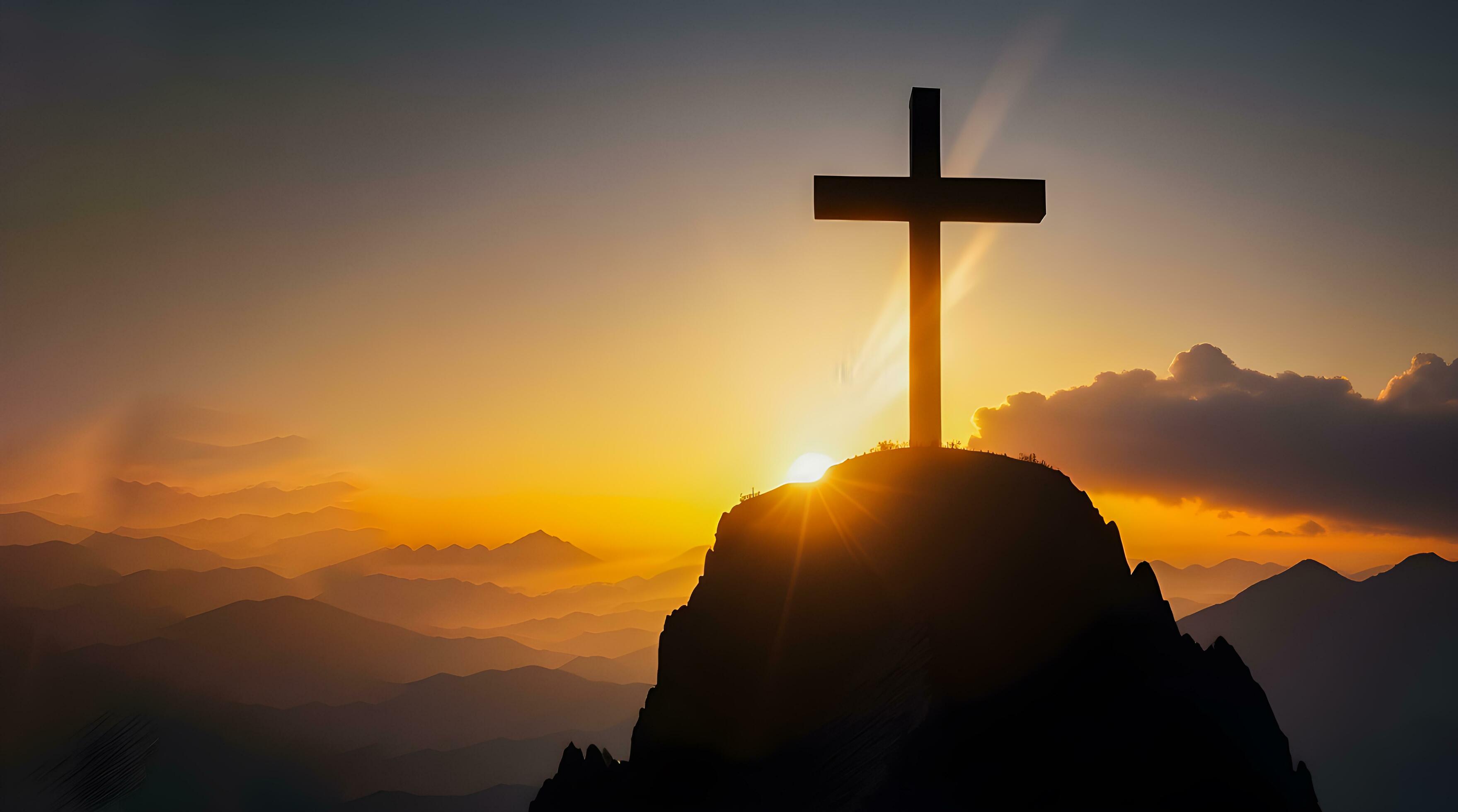 AI generated The cross is located on the mountain top, with a sunset background. generate ai ...