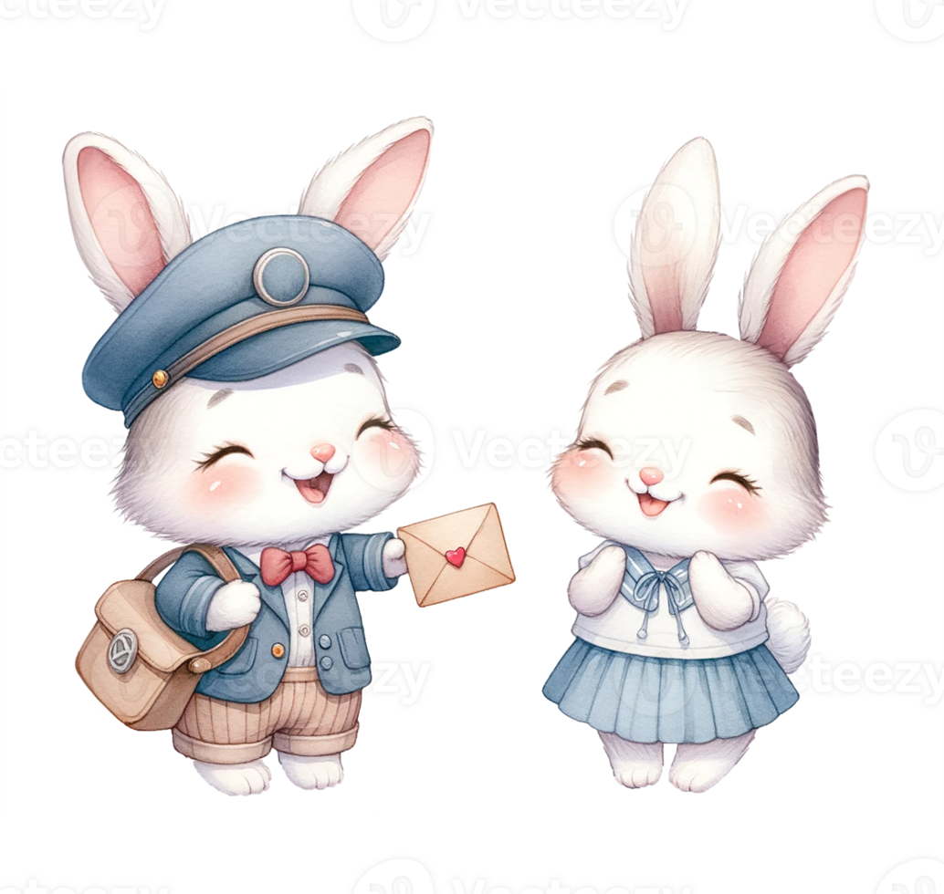 Ai Generated Bunny Like A Postman Sending Love Envelope To Cute Bunny Watercolor Illustration