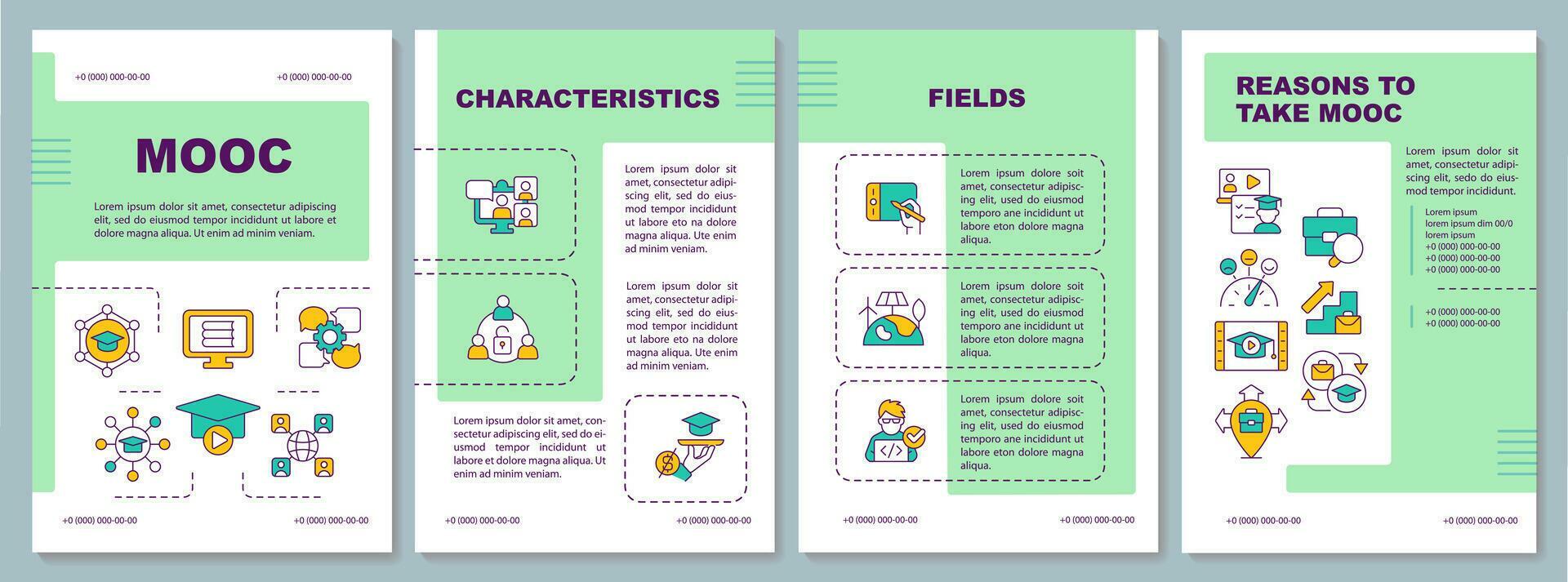 2D green MOOC brochure template, leaflet design with thin linear icons, 4 vector layouts ...