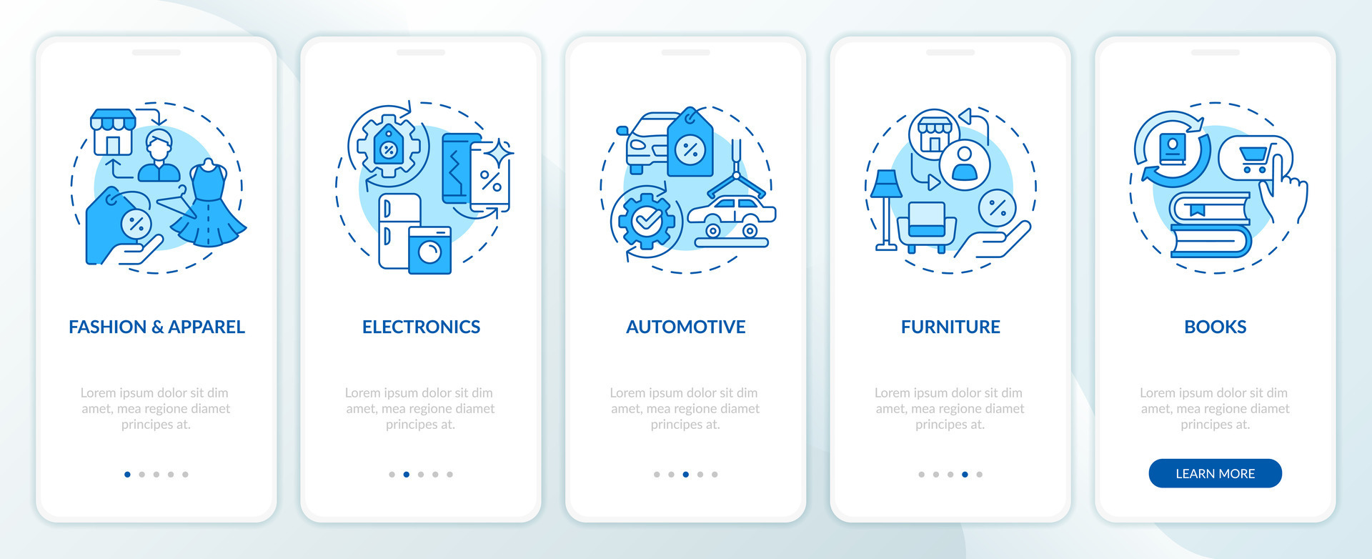 2D icons representing C2C mobile app screen set. Walkthrough 5 steps ...