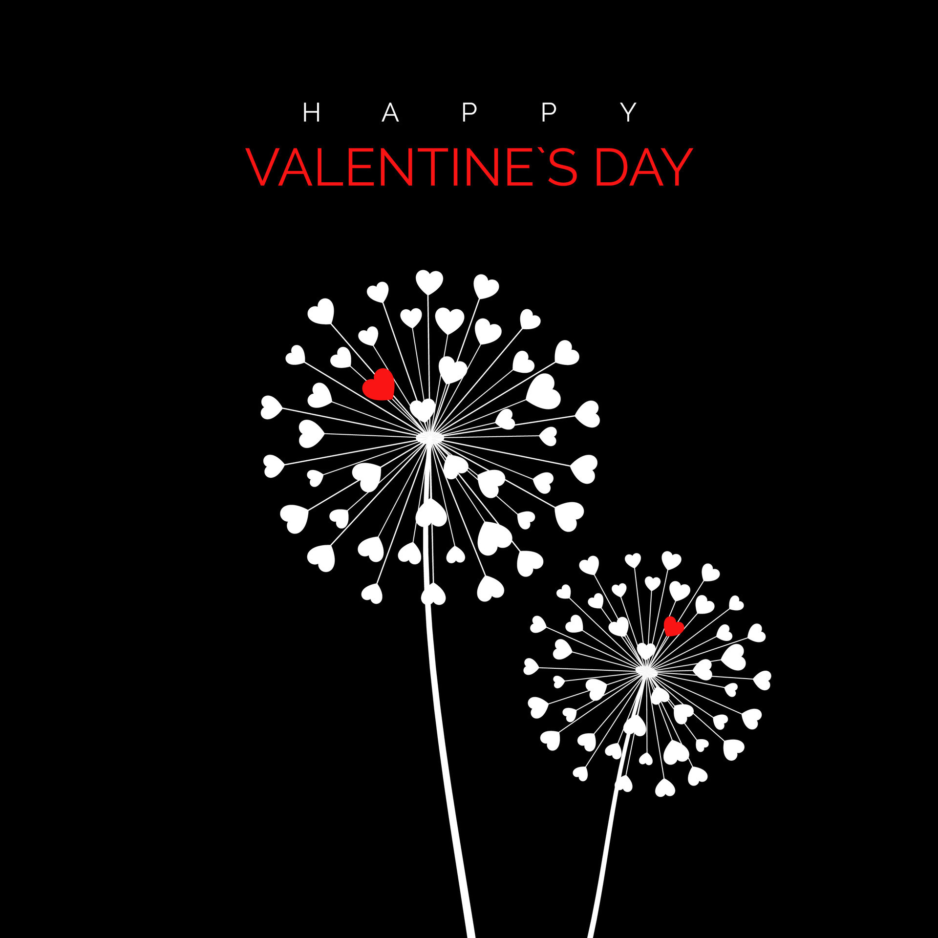 Couple Of Dandelion With Red Hearts Happy Valentine Day Greeting Card