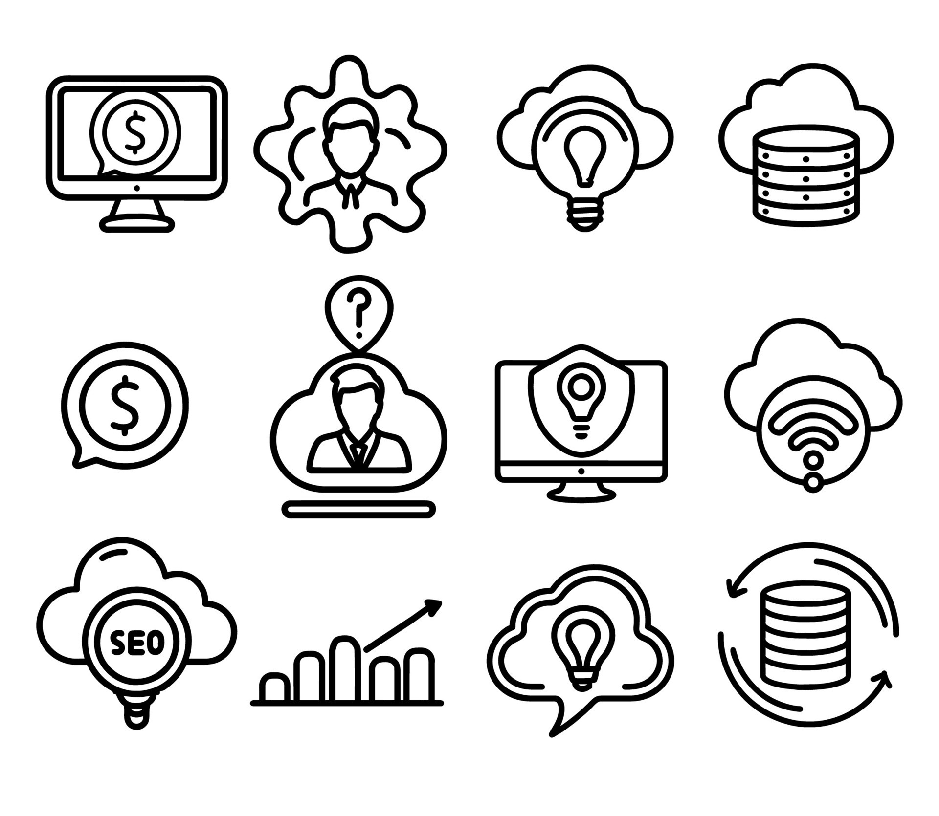 Data base icon set design, Digital technology communication social ...