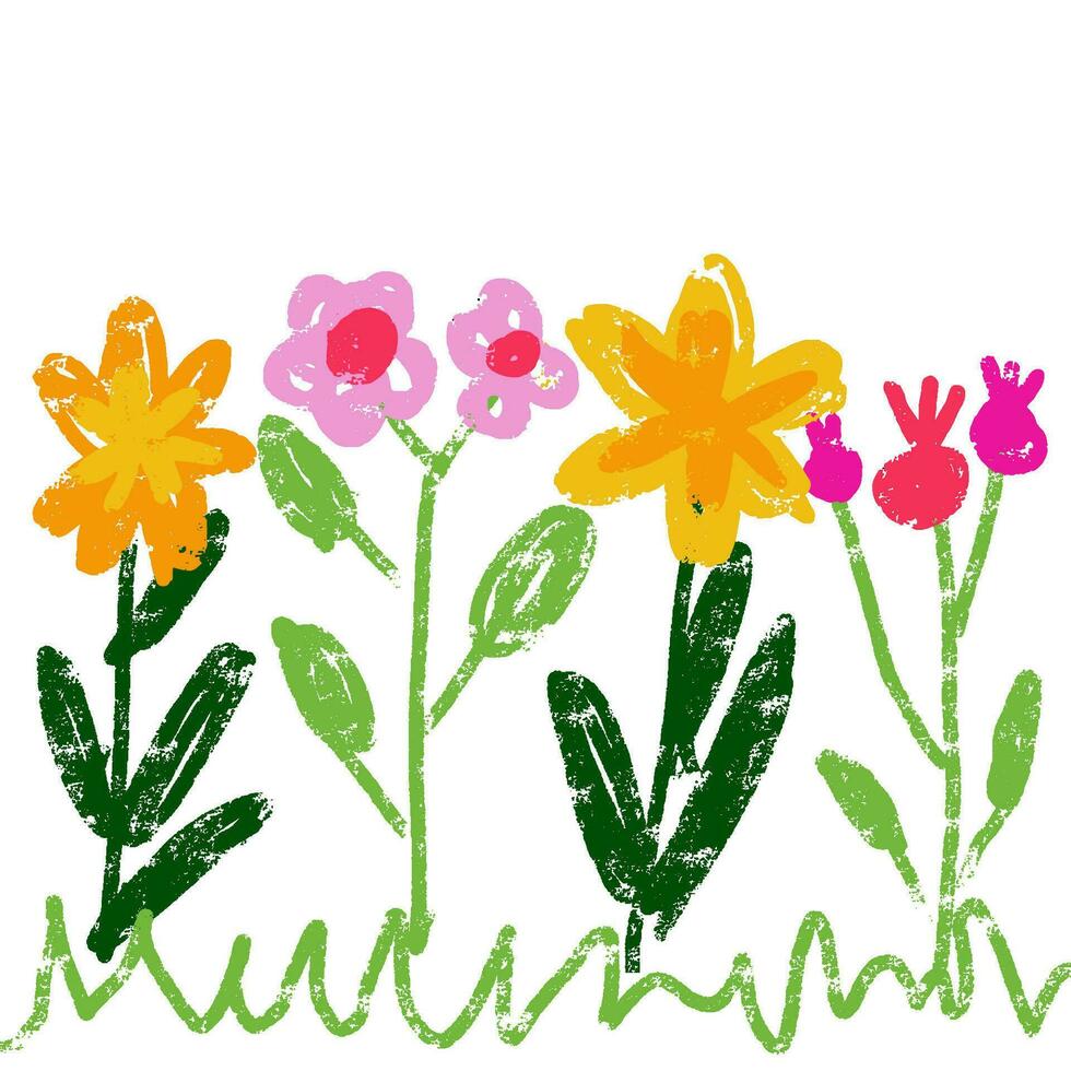 Children s hand drawn set of blooming flowers. Vector kids floral ...