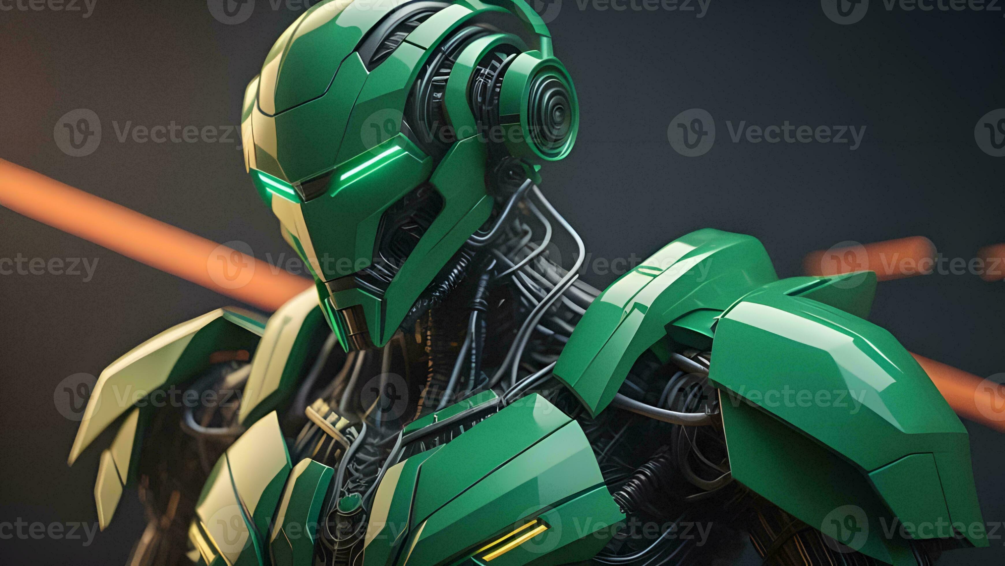 AI generated Green robot or cyborg with wires on dark background ...
