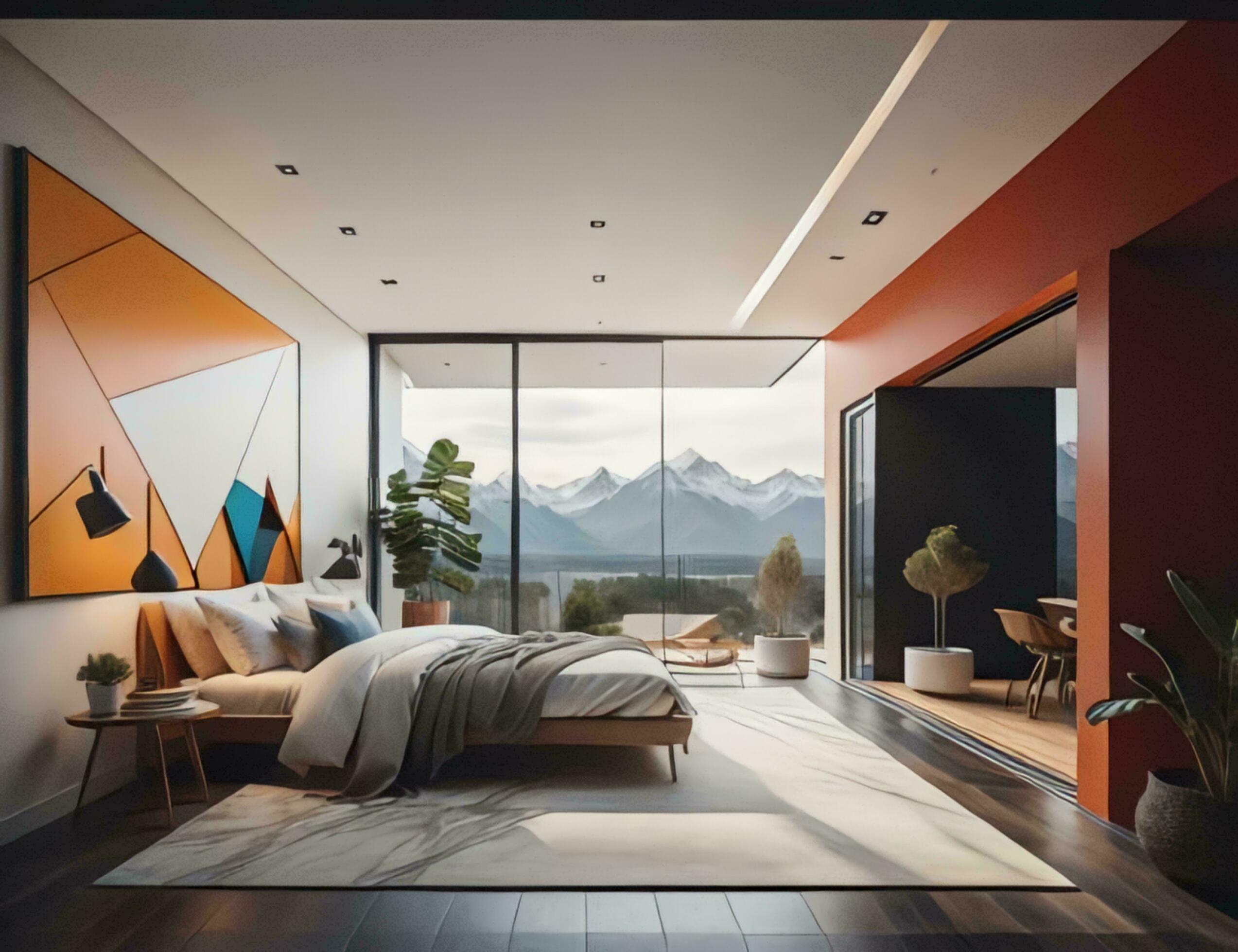 AI generated Interior of modern bedroom with red and orange walls ...
