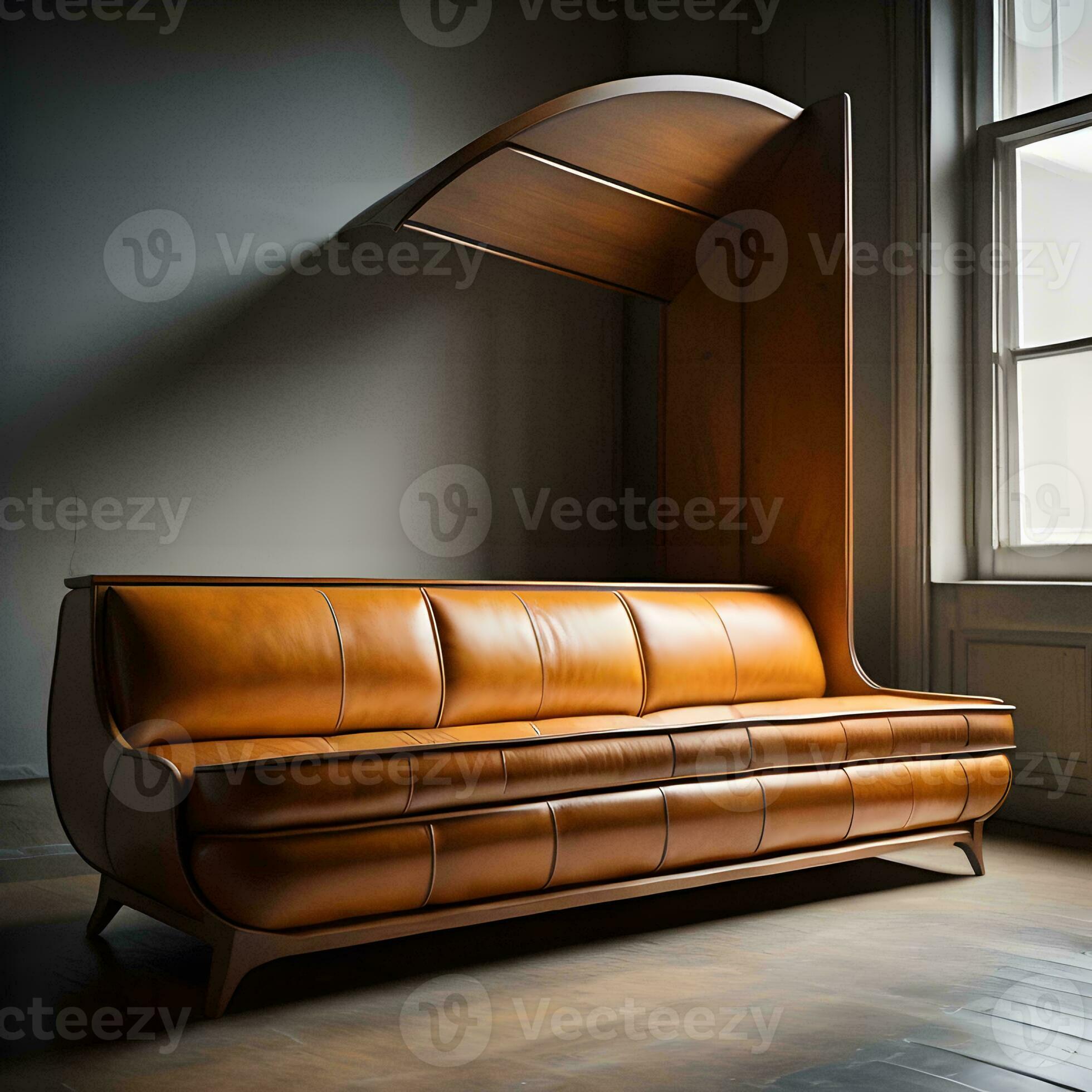 AI generated Brown leather sofa in modern living room with window ...