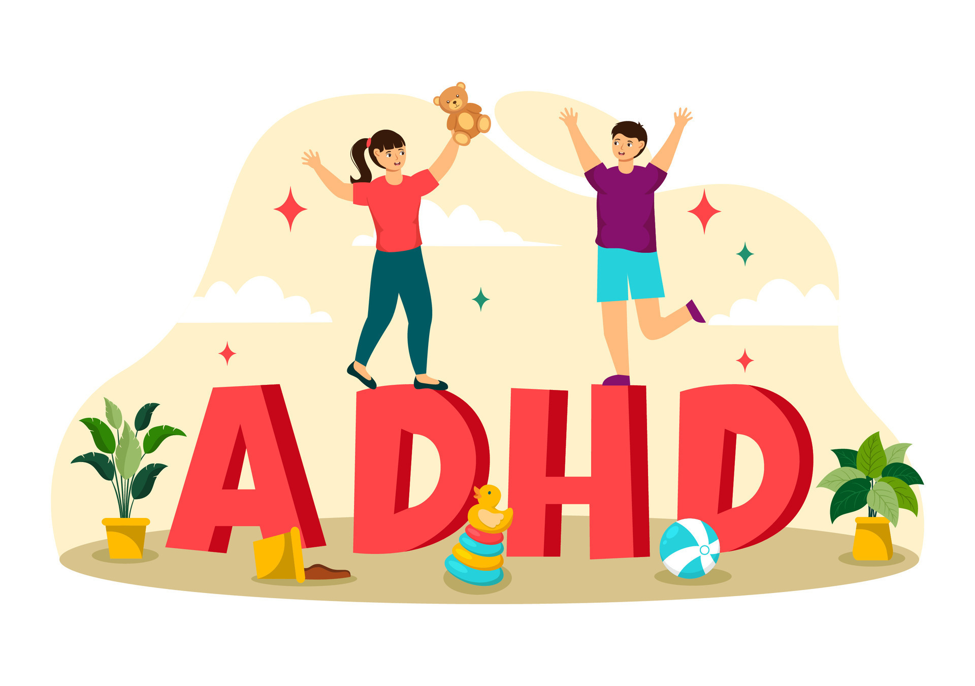 tdah o atención déficit hiperactividad trastorno vector ilustración con niños impulsivo y ...