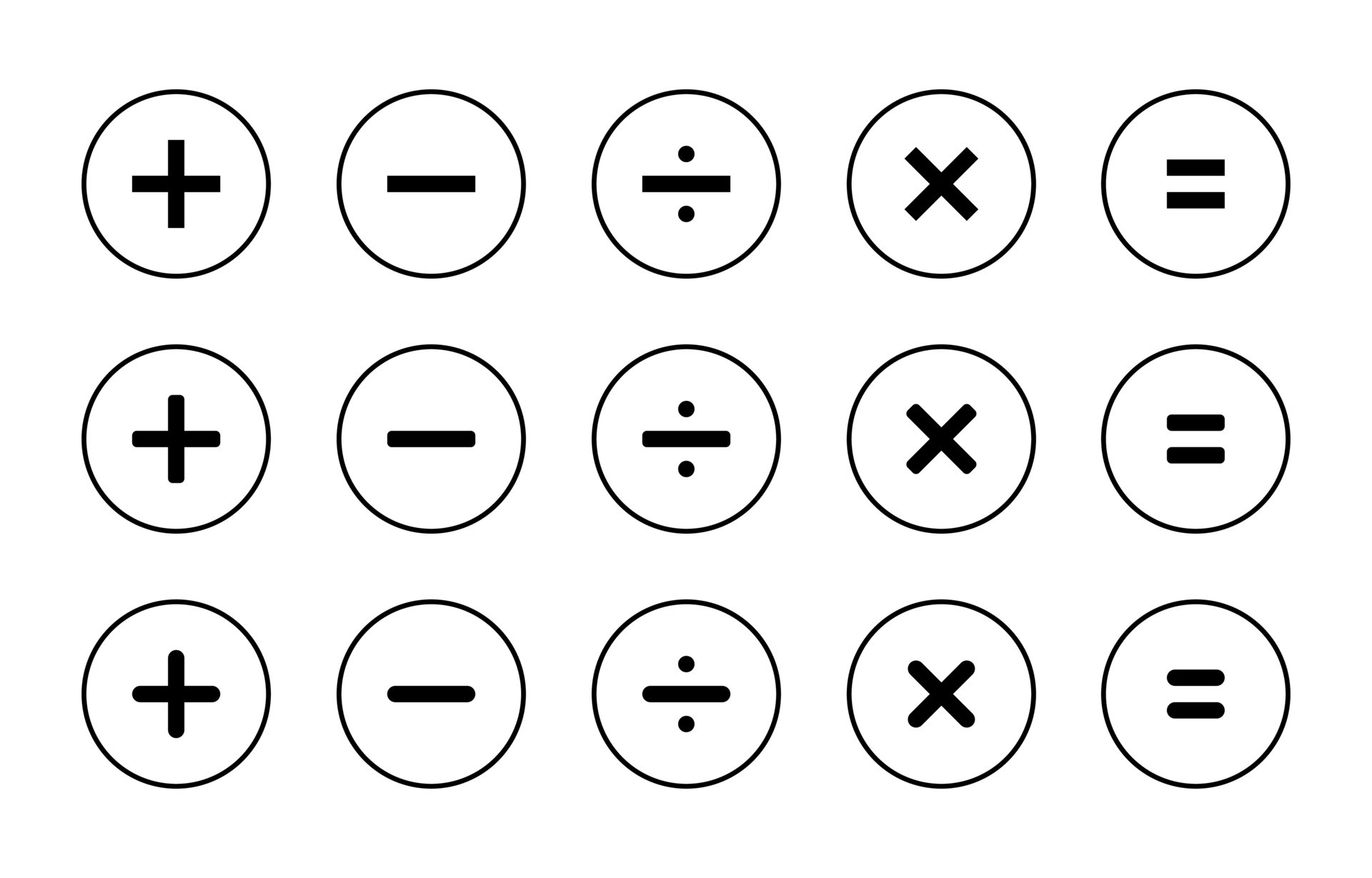 Addition Subtraction Division Multiplication And Equality Icon Set On Circle Line
