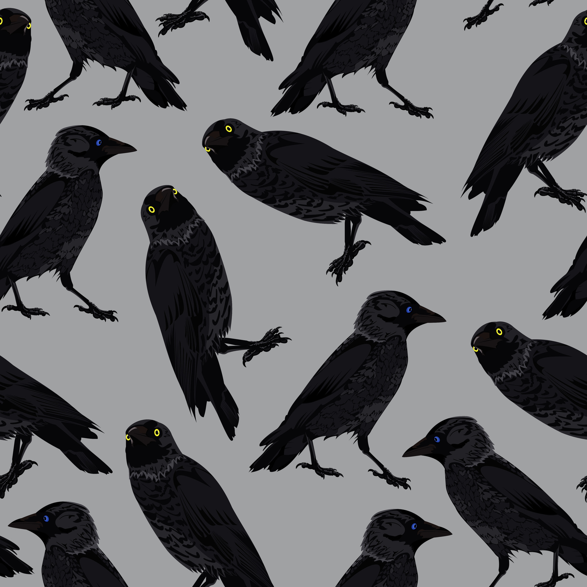 Seamless pattern with crows in different angles on a gray background ...