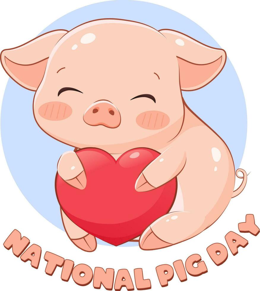 Cute kawaii pig with heart in hands. Postcard, poster, banner, concept ...