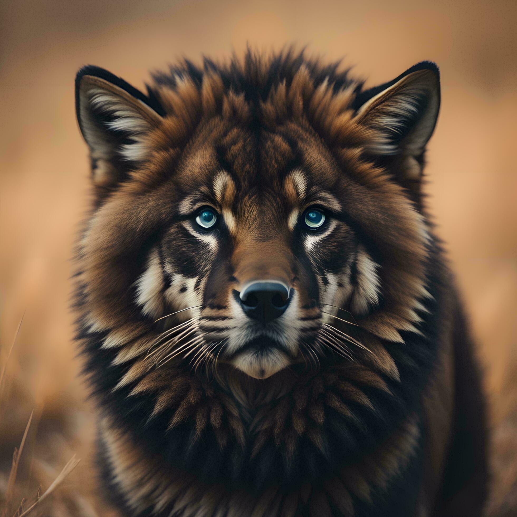 AI generated Portrait of a wolf with blue eyes in the autumn forest ...
