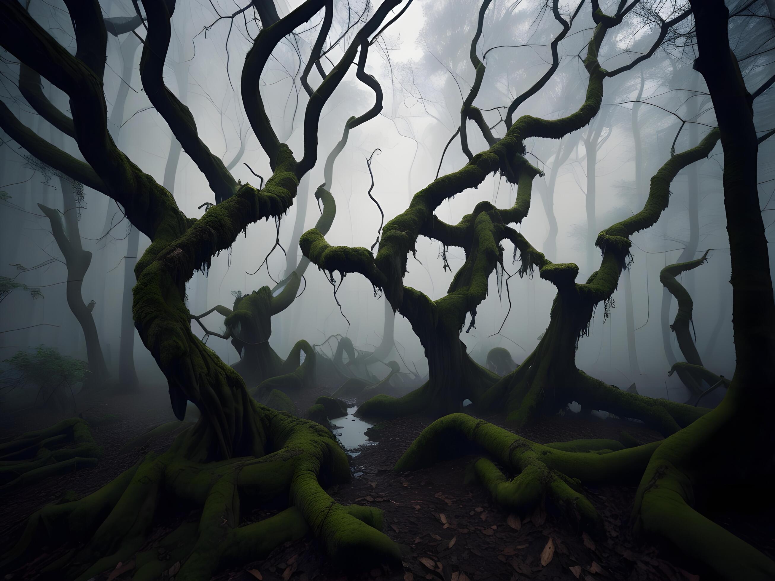 AI generated Mysterious dark forest with fog and tree roots. Halloween background. generative ai ...