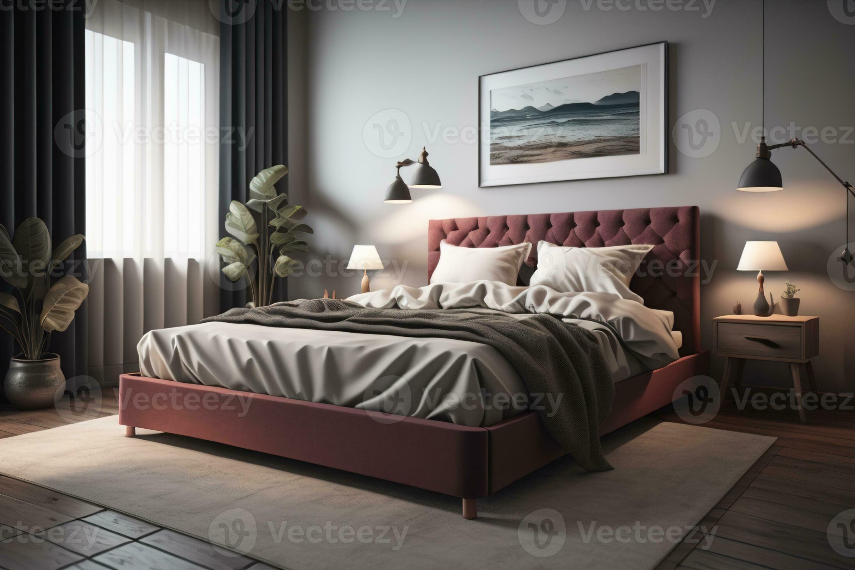 AI generated Modern bedroom interior design with red bed and lamp ...