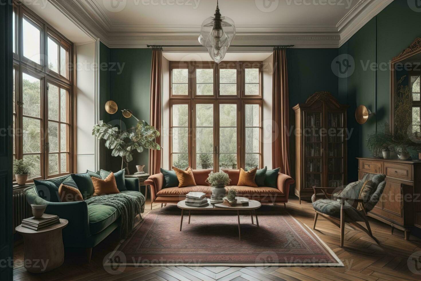 AI generated Classic living room interior with green sofa, armchairs ...