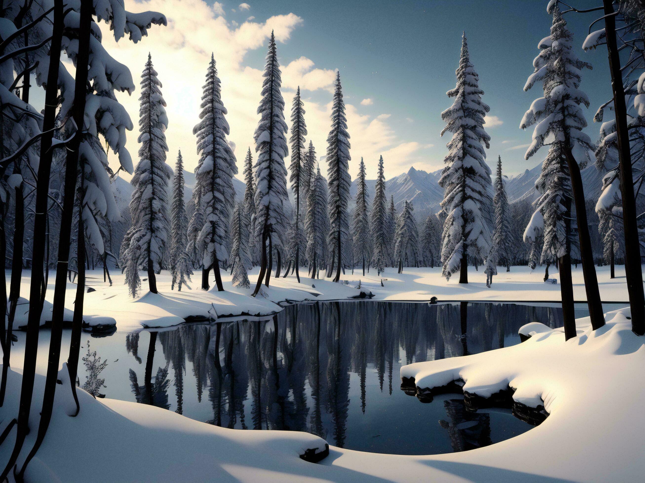 AI generated Beautiful winter landscape with snowy fir trees and lake ...