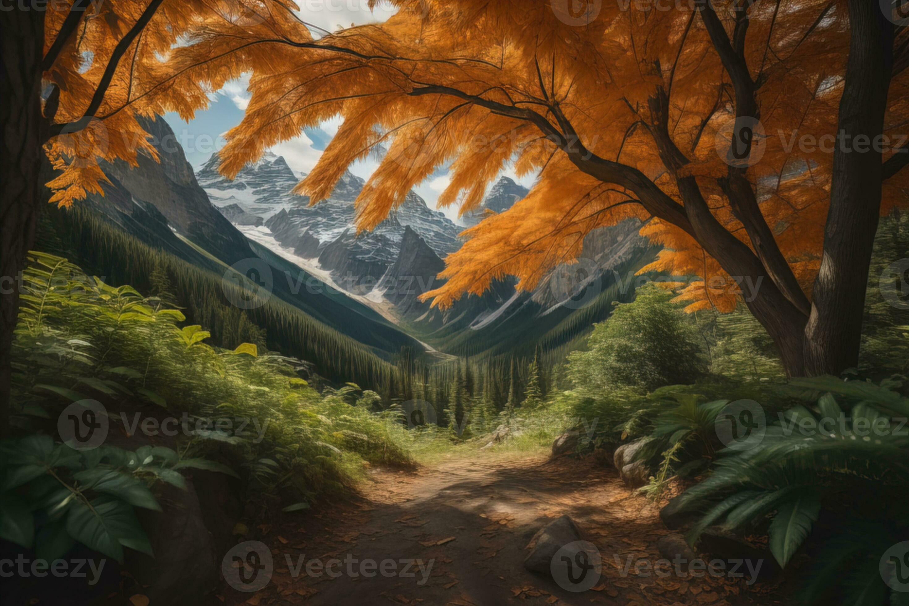 AI generated Mountain landscape with a path through the forest ...