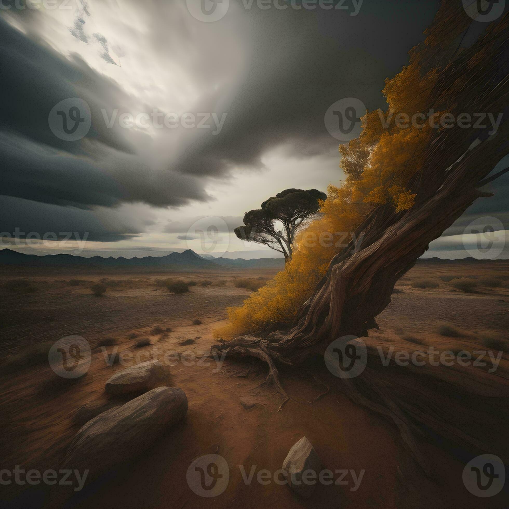 AI generated Desert landscape with dry trees and storm clouds ...