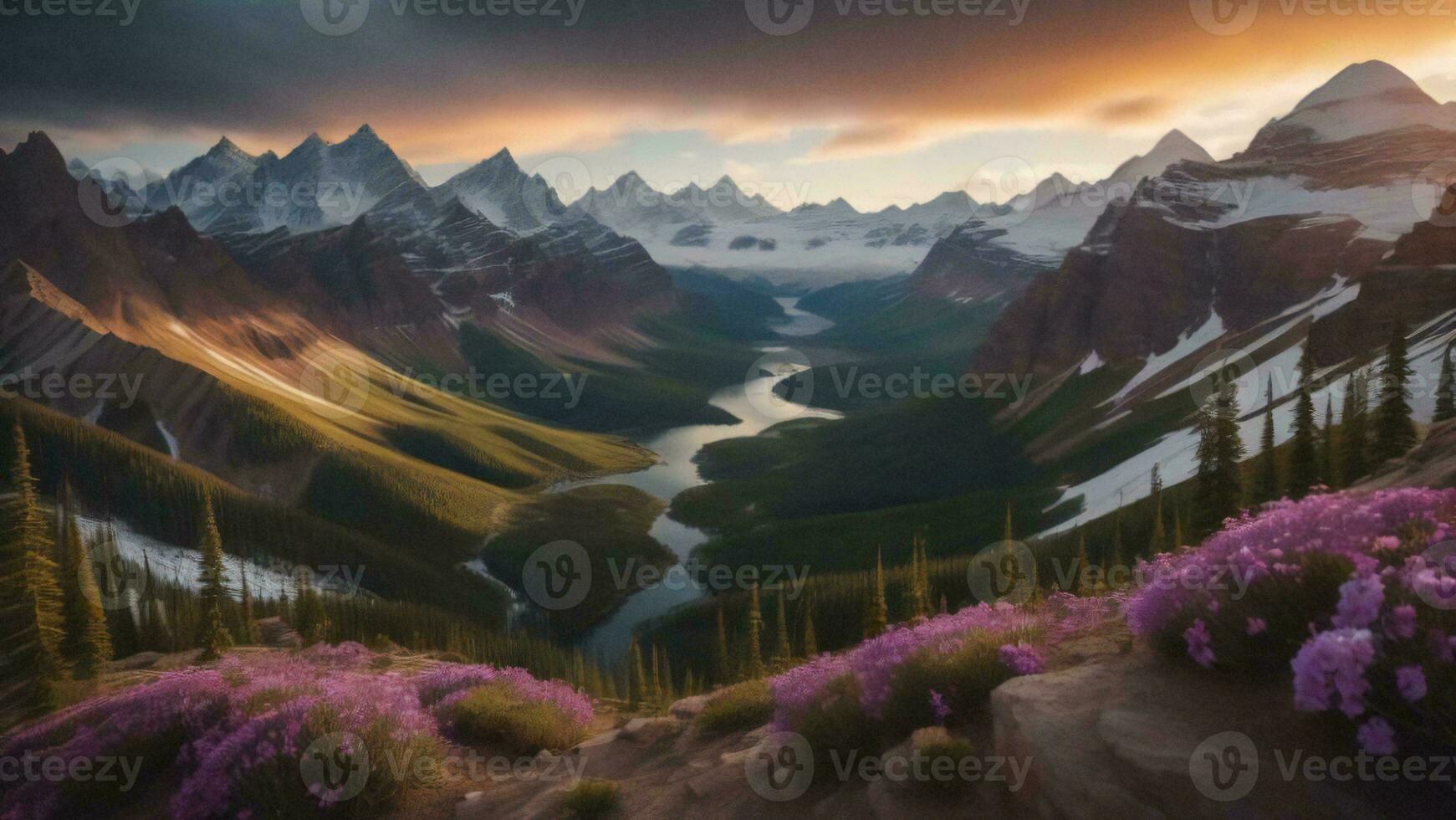 AI generated Mountain landscape with lake and forest at sunset ...