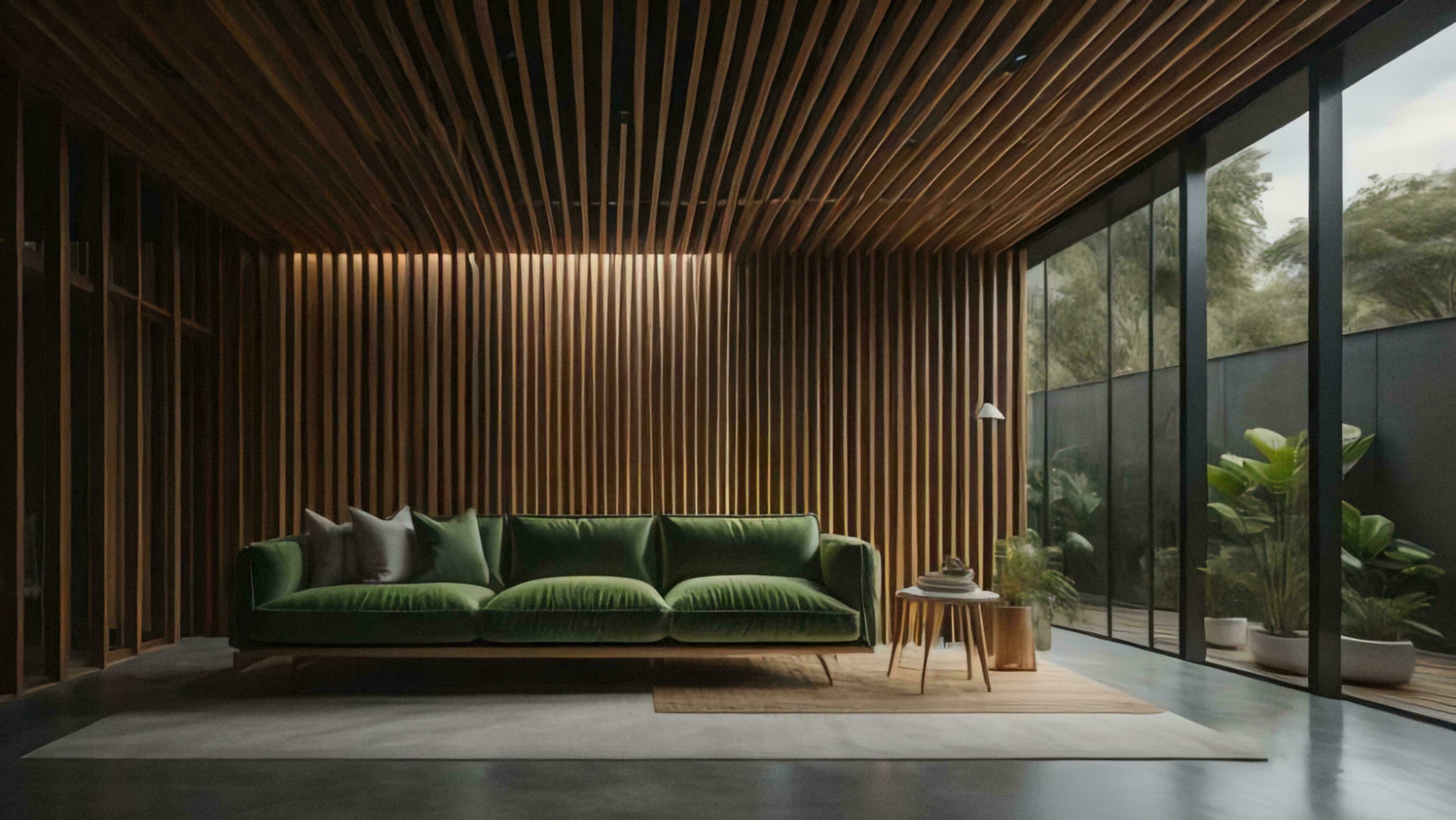 AI generated Interior of modern living room with wooden walls, concrete ...