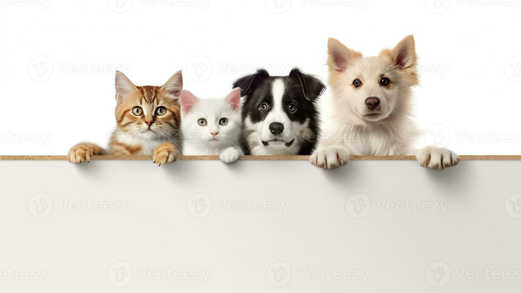 AI generated A group of domestic pet dogs and cats hanging paws over ...