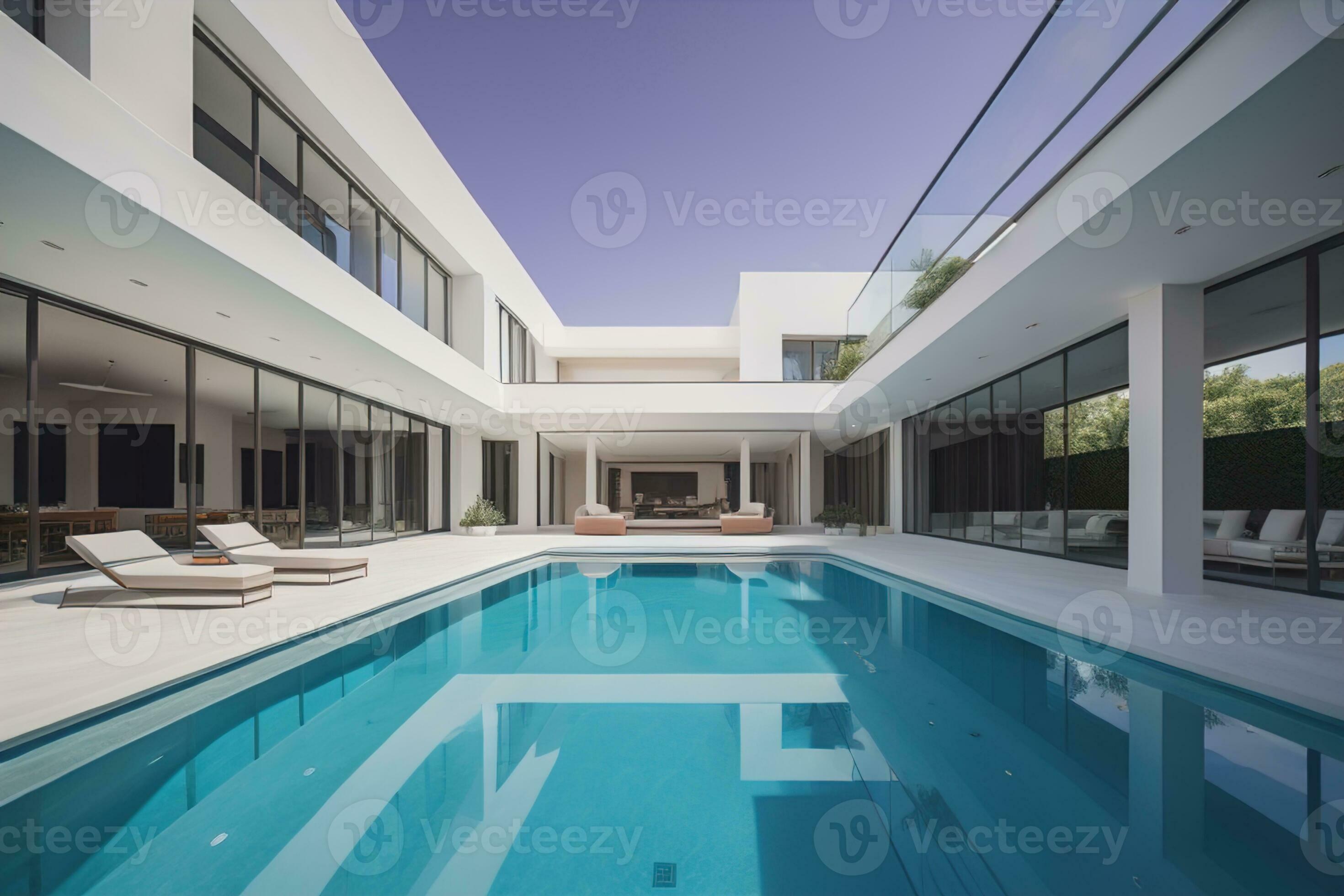 AI generated Luxury swimming pool in modern villa. Nobody inside ...