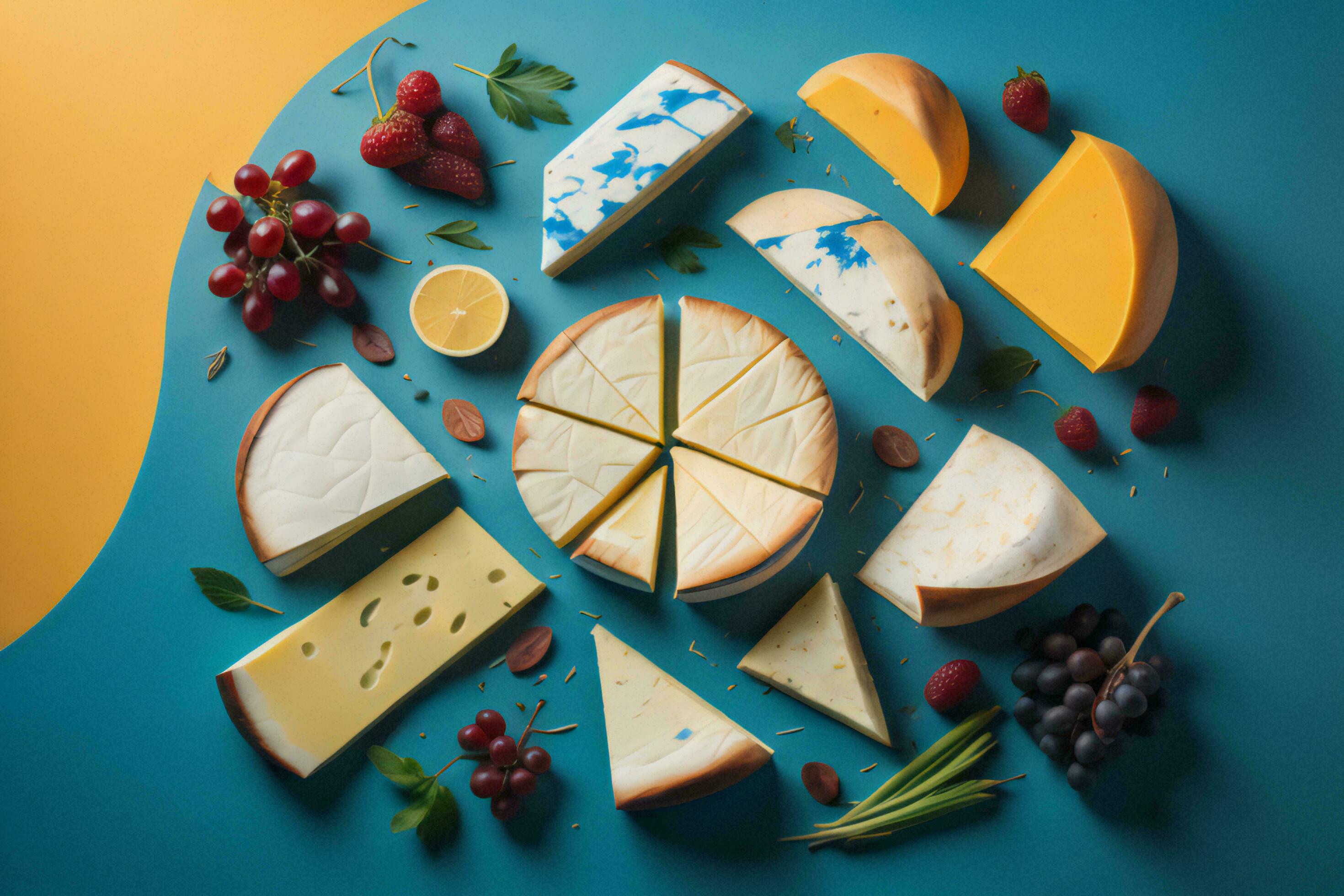 AI generated Cheese composition. Assorted cheeses on blue background ...