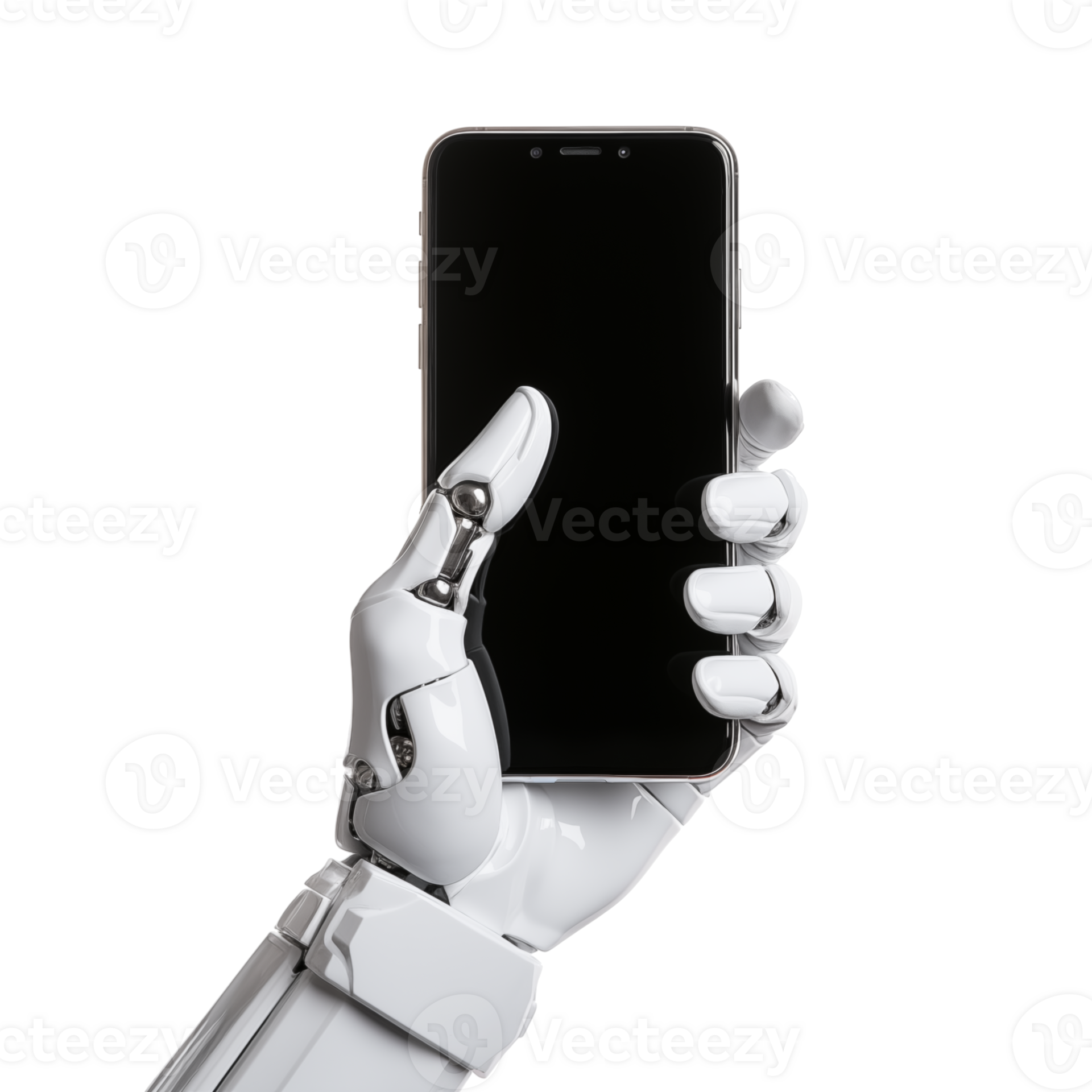AI generated Robot hand with smartphone isolated on transparent ...