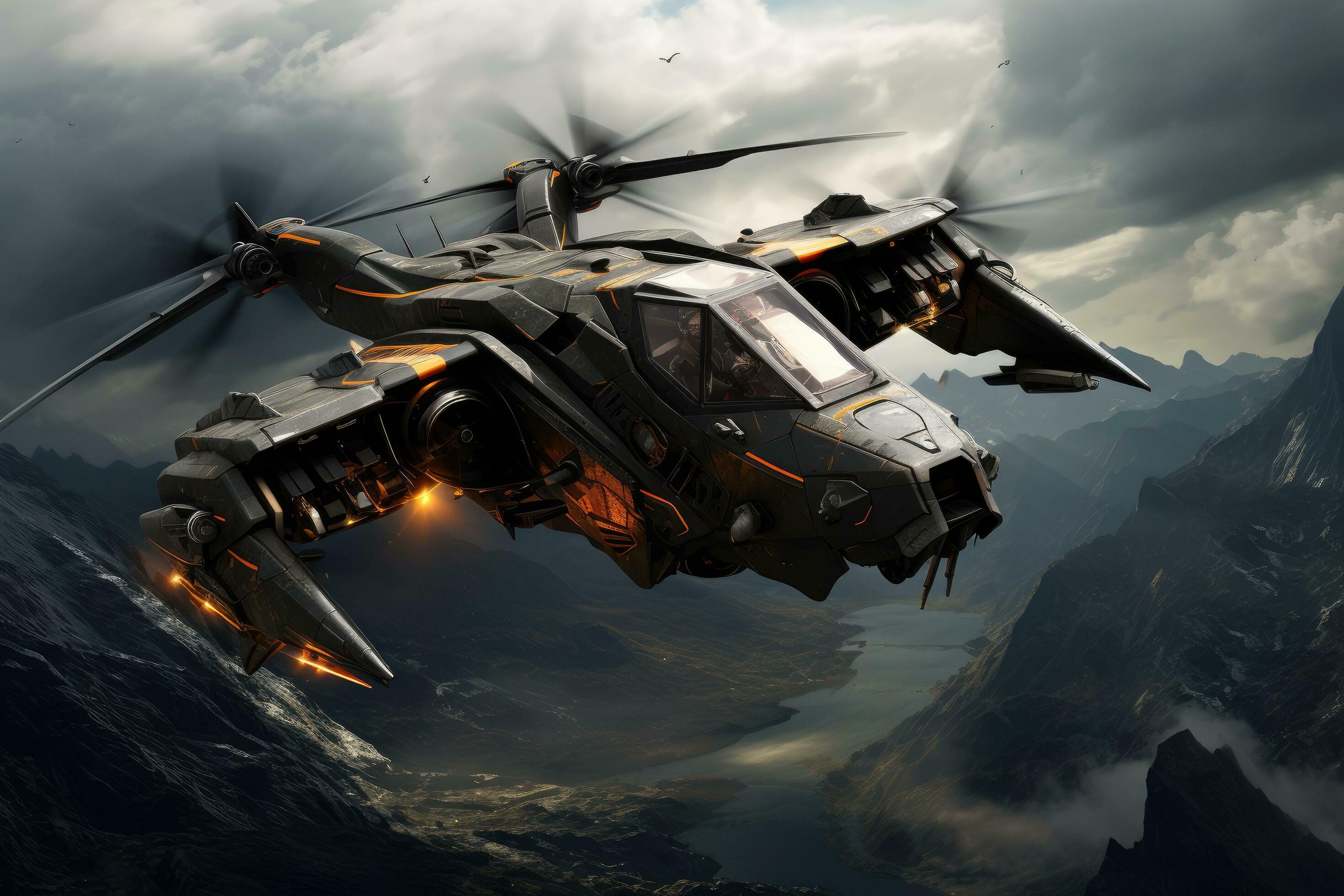 AI generated Futuristic helicopter flying over mountain and helicopter in firing Ai generated ...