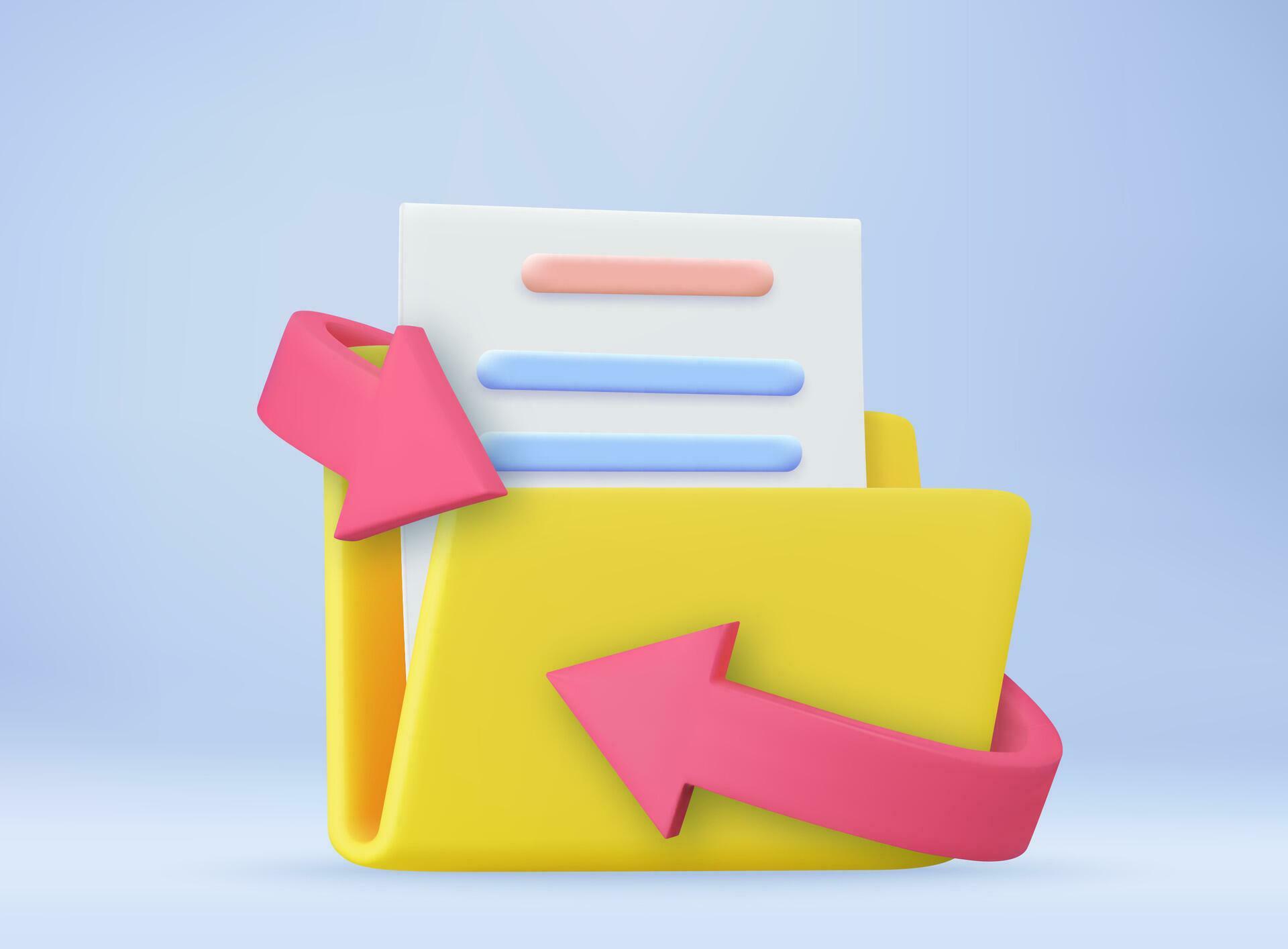 3d Yellow folder with files and arrow. File transfer concept. File sharing or sending document ...