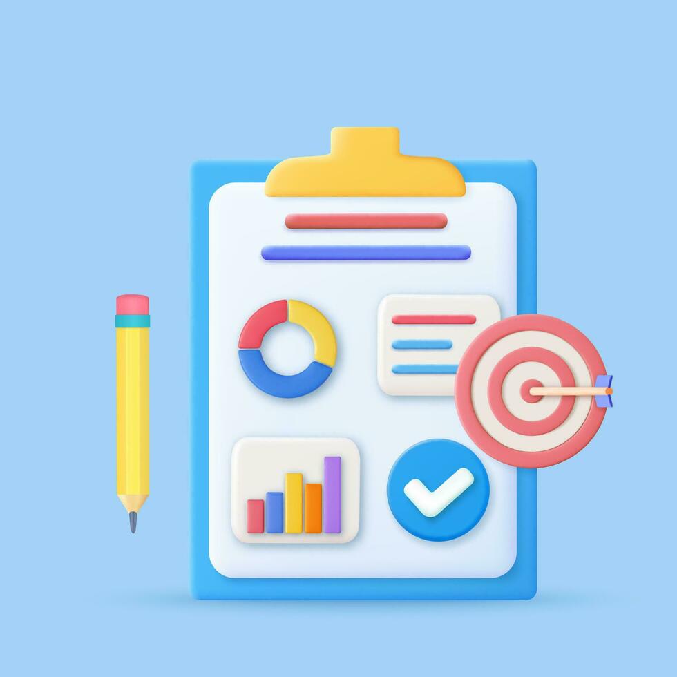 3d charts and graph with analysis business financial data, white clipboard checklist, target ...