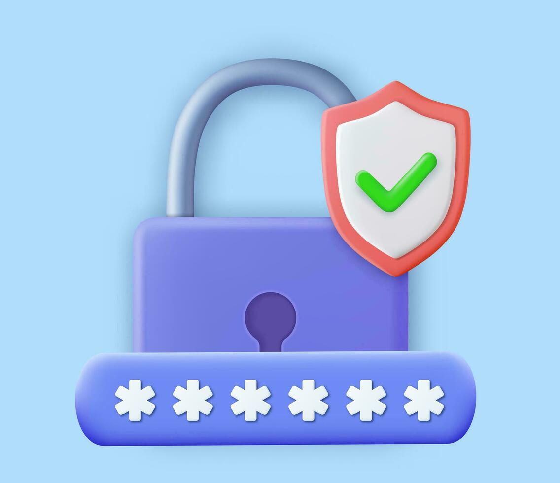 3d security shield lock check mark.Password protected icon. secure login concept. 3d rendering ...