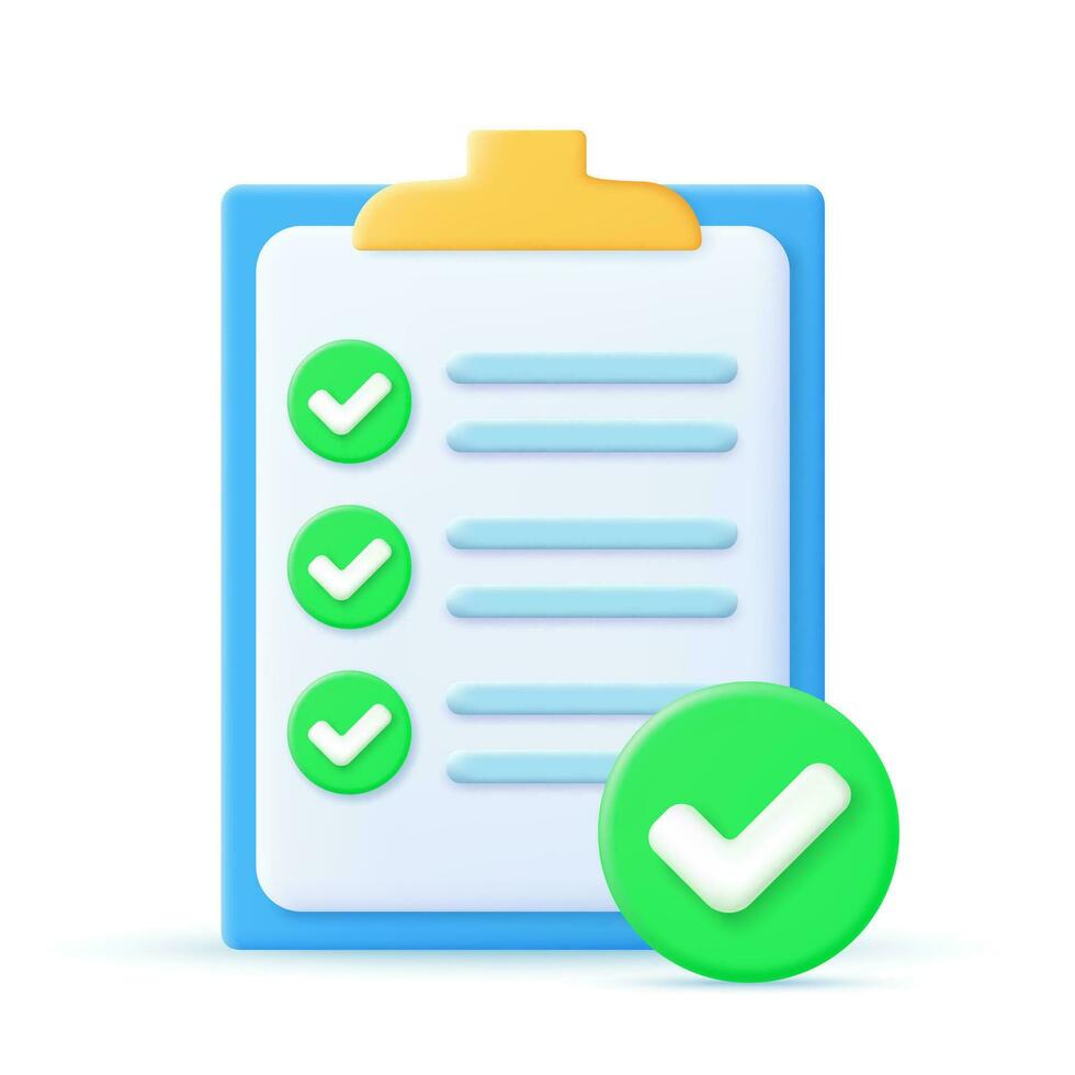 Approved checklist icon. Checklist on 3d paper. Document in test form ...
