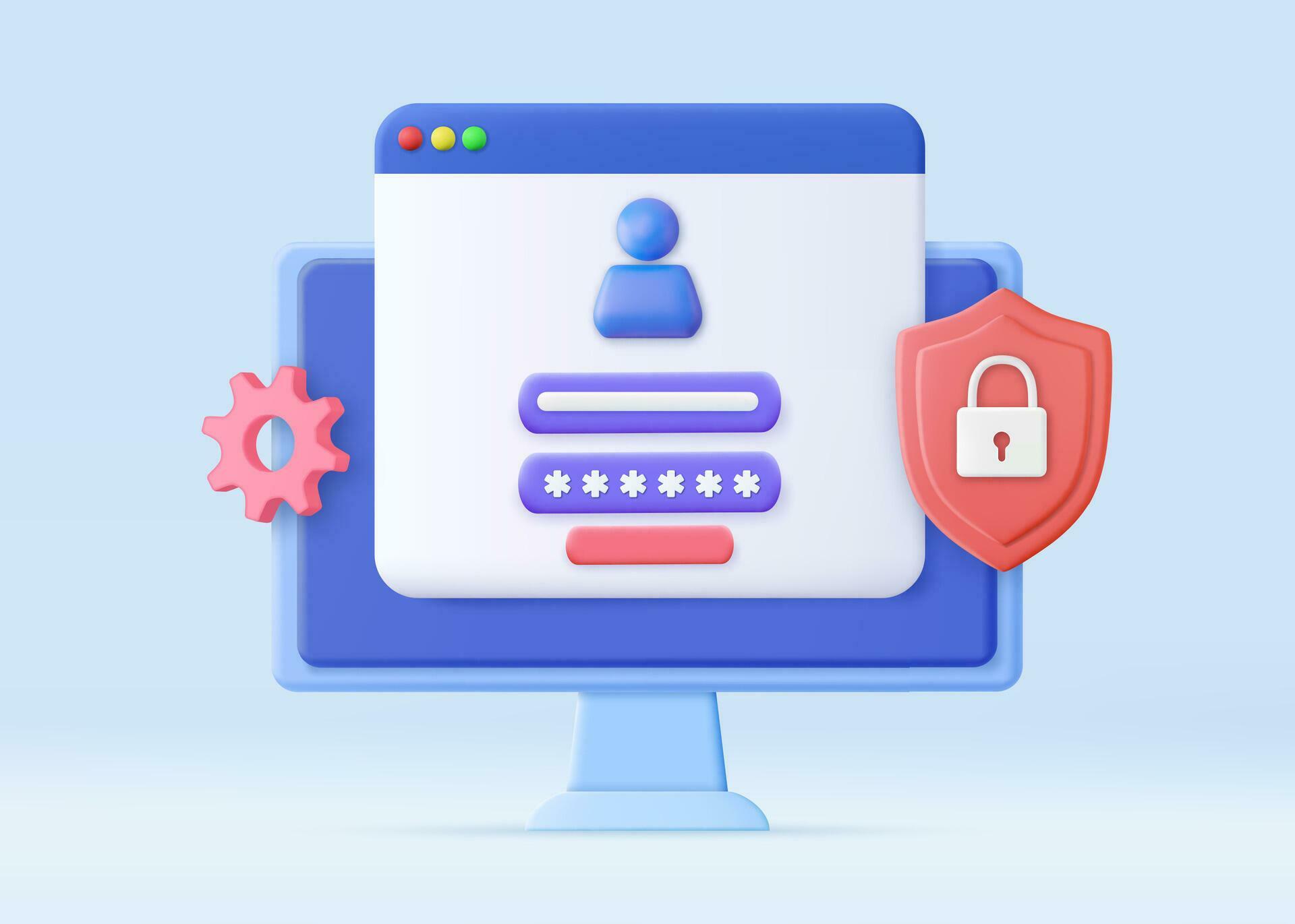 3d Login and password concept. Online file protection system concept with computer and lock ...