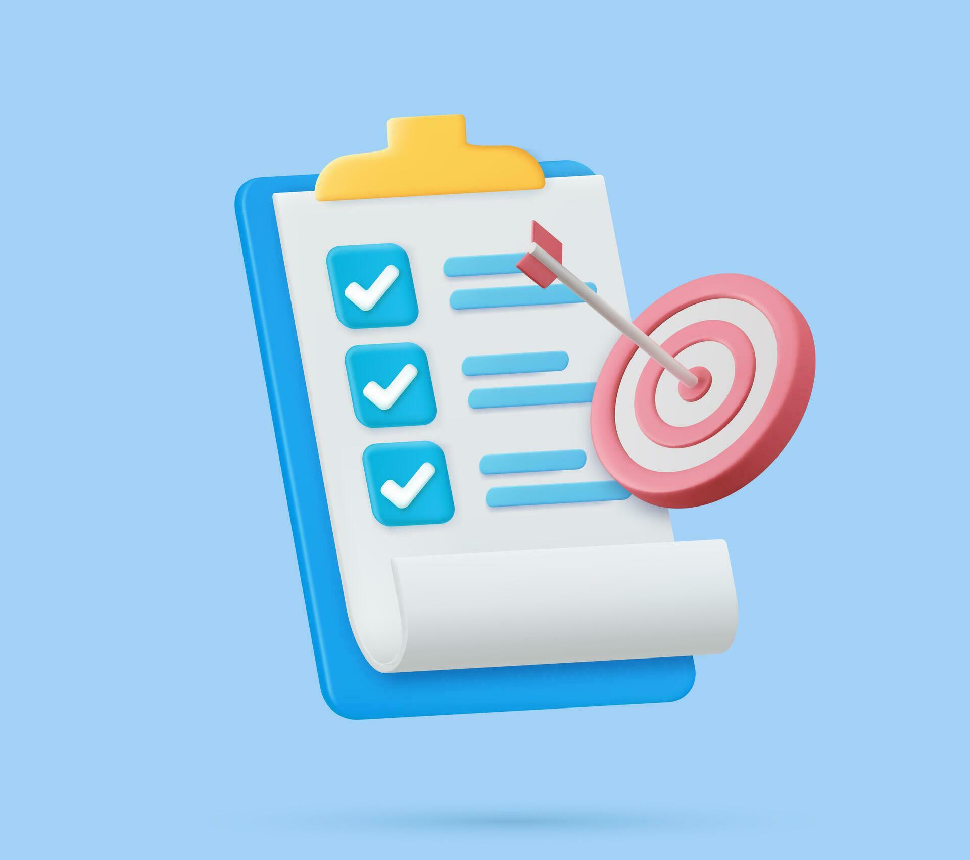 3d Clipboard, checklist symbol. Assignment target icon. Project task ...