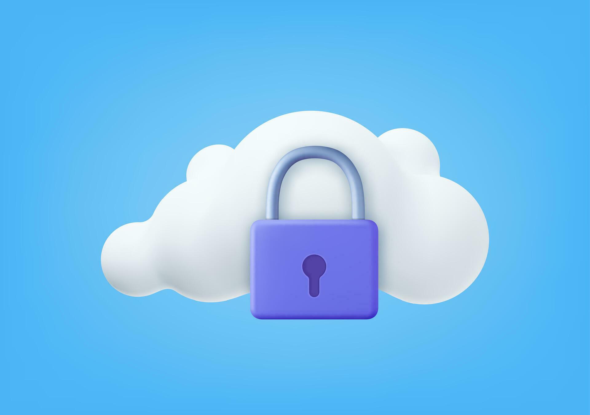 3d White Fluffy Cloud And Locked Padlock Security Concept 3d Rendering Password Protected