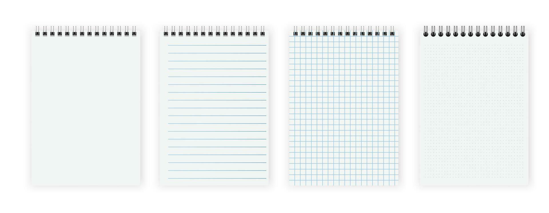 Realistic opened notebook mockups. Lined, checkered and dots paper binder page for memo pads ...