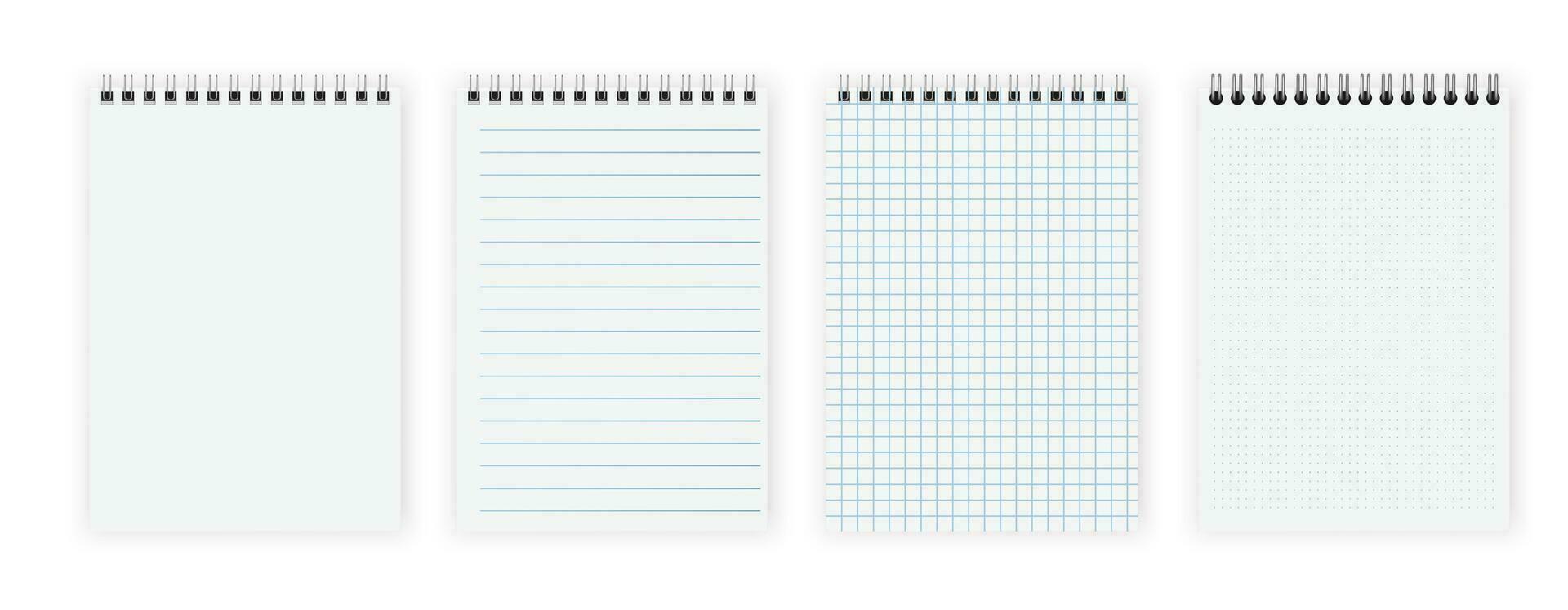 Realistic opened notebook mockups. Lined, checkered and dots paper binder page for memo pads ...