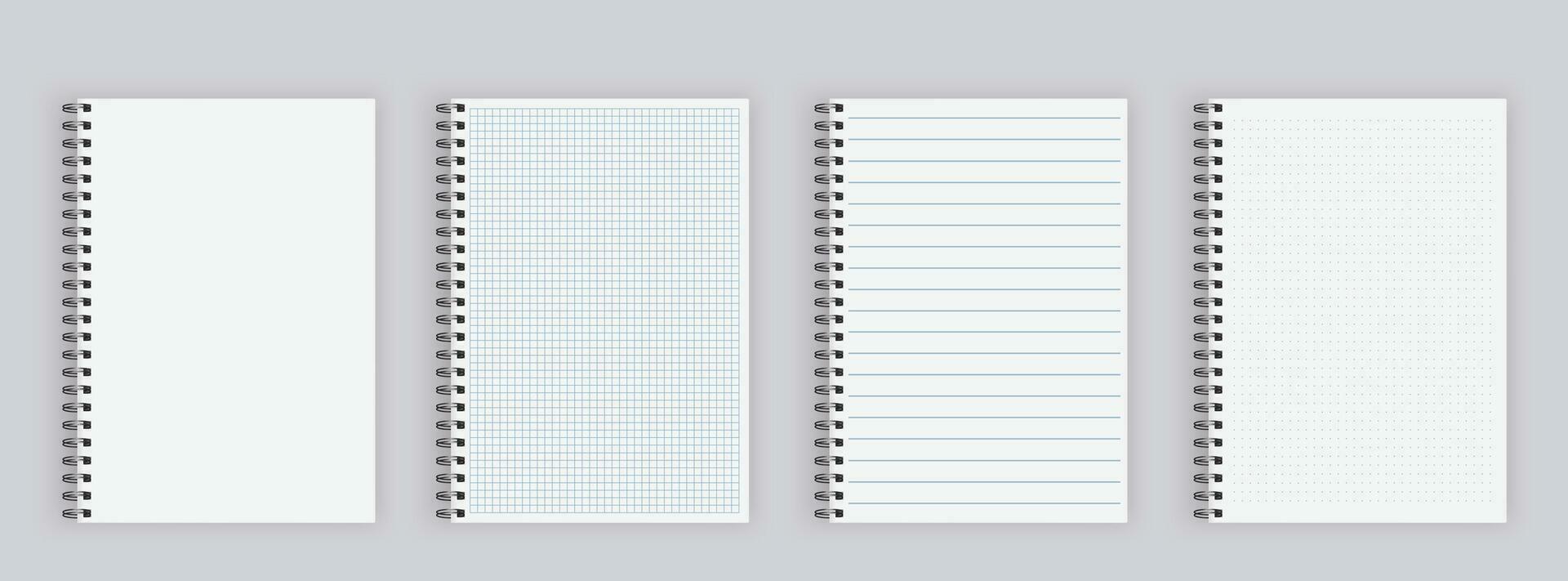 Realistic opened notebook mockups. Lined, checkered and dots paper binder page for memo pads ...