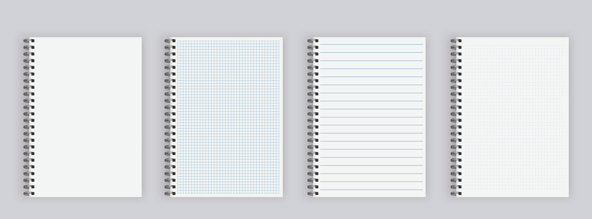 Realistic opened notebook mockups. Lined, checkered and dots paper binder page for memo pads ...