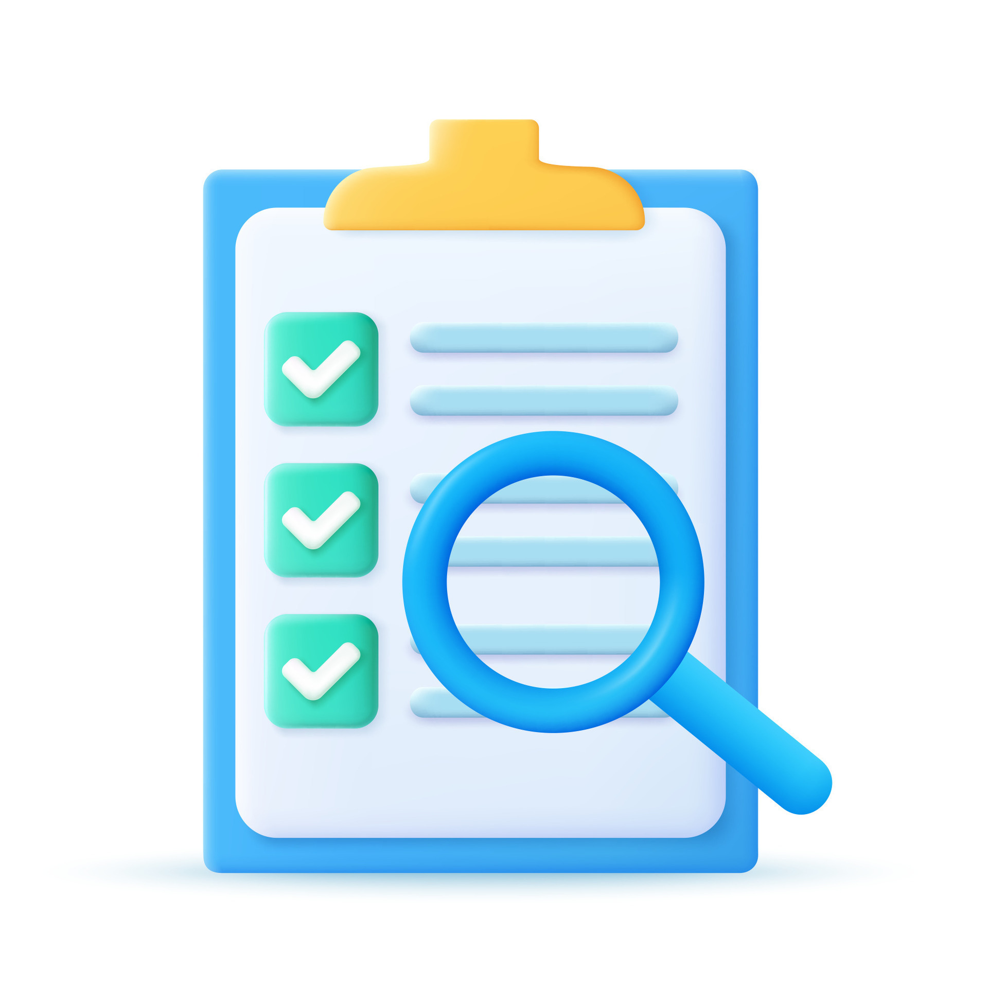 3D render clipboard with magnifying glass. Magnifier assessment ...