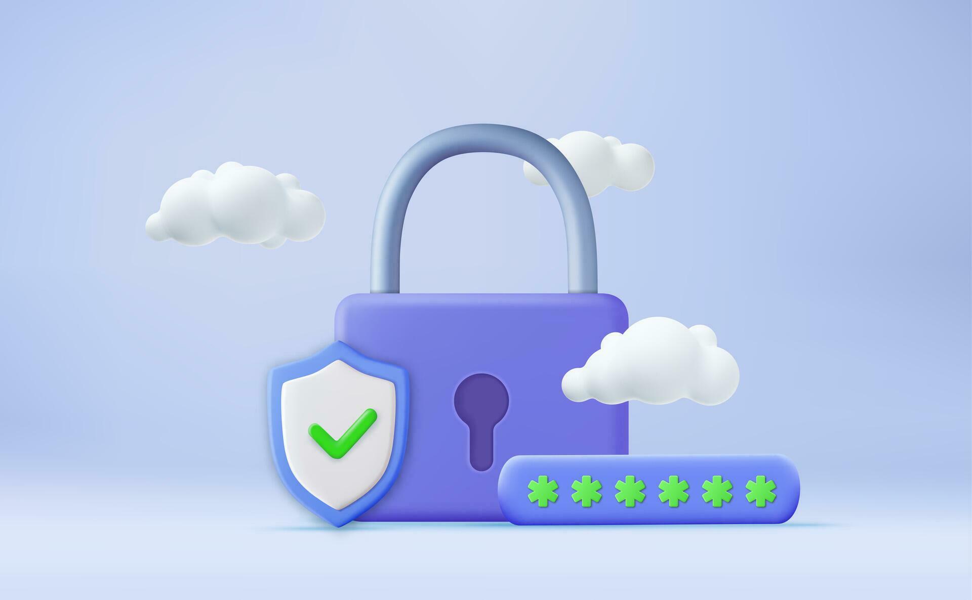 3d security shield lock check mark and cloud. cyber protection. 3d rendering. Password protected ...