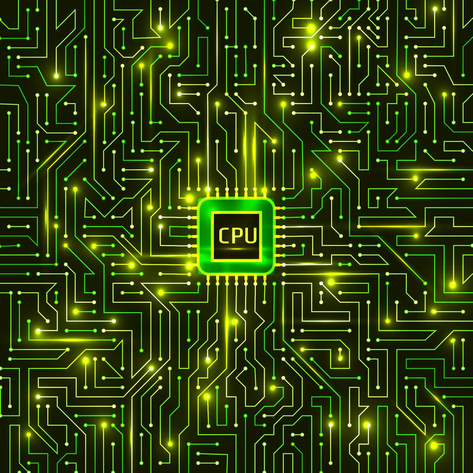 Computer processor and motherboard system chip. CPU chip electronic circuit board with processor ...