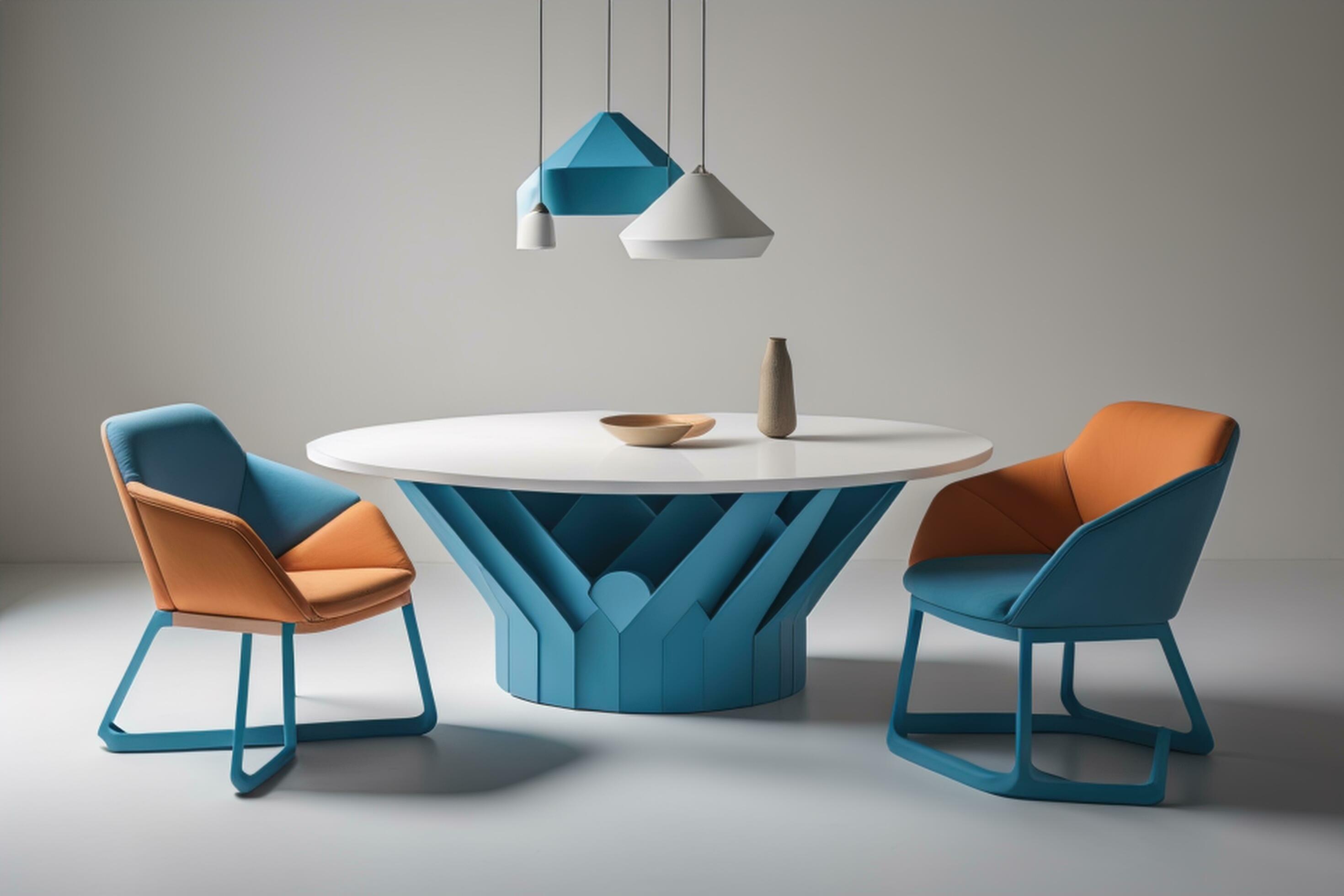 AI generated Interior of modern dining room with blue and orange ...