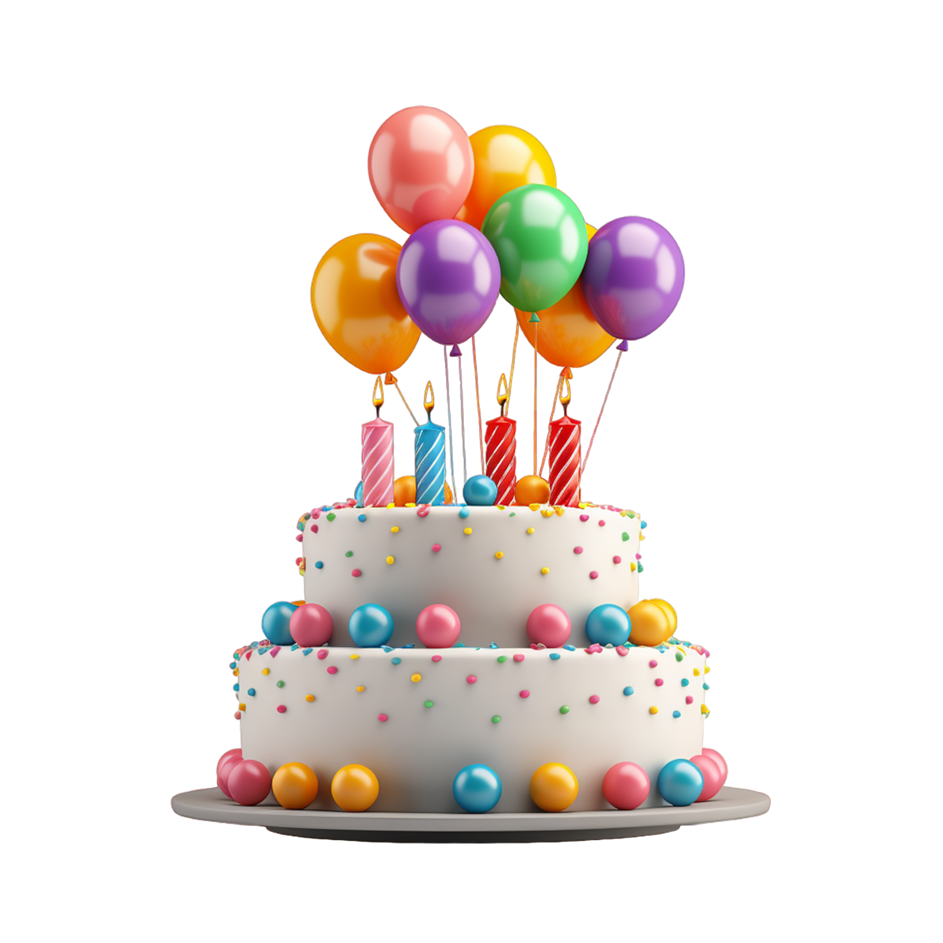 Ai Generated 3d Birthday Cake With Candles And Colorful Balloons Png