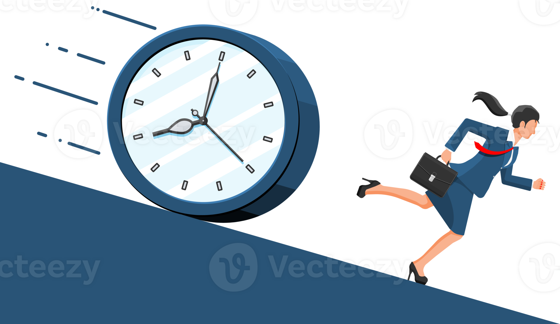 Businesswoman is fast running from big clock 35743504 PNG