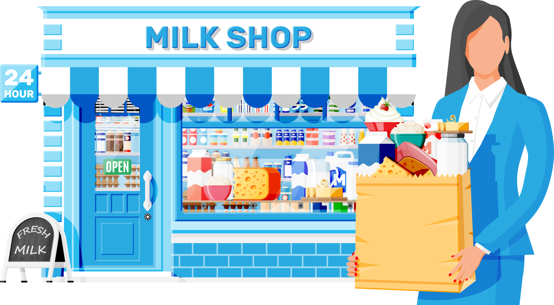 Dairy store or milk shop and woman customer. 35743562 PNG