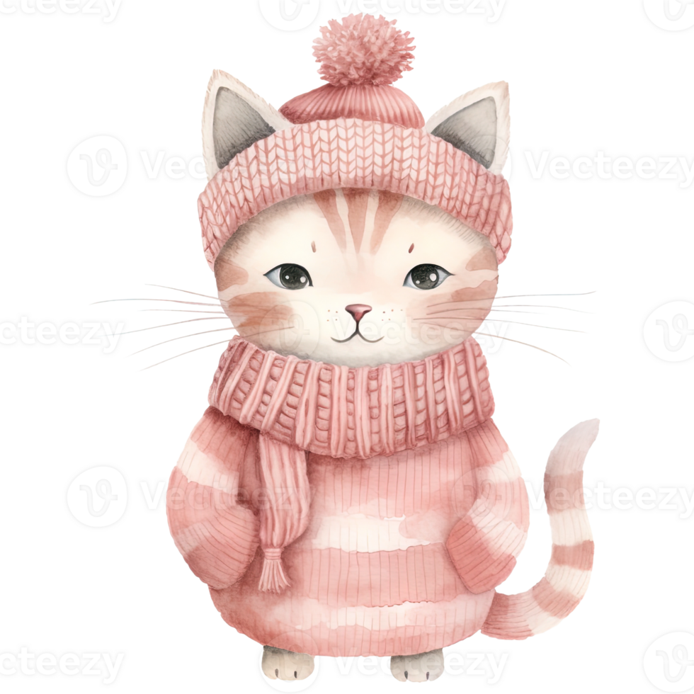 Ai Generiert Gemütlich Rosa Weihnachten Katze Clip Art Im Aquarell